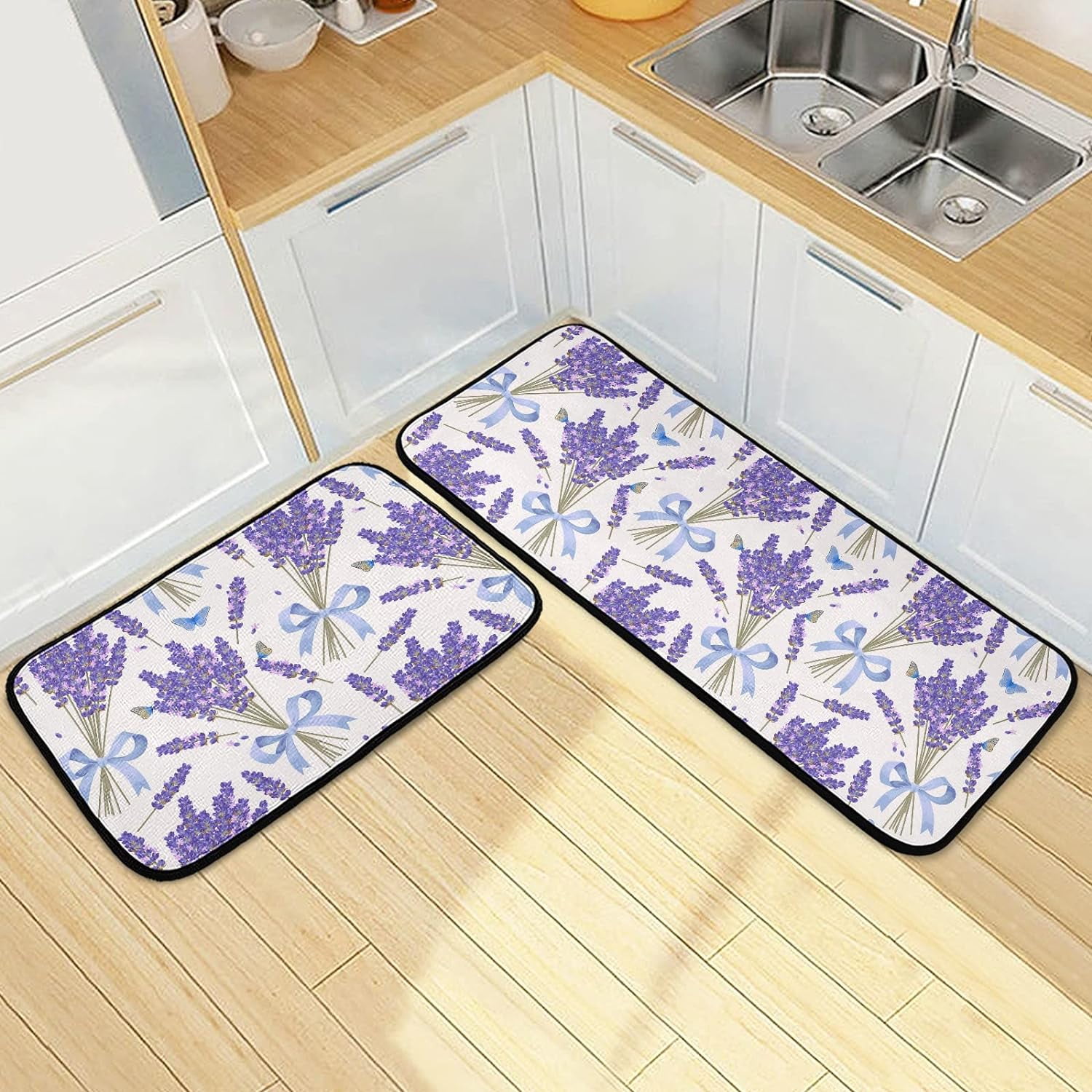 SKYSONIC Lavender Floral Summer Kitchen Rugs Set of 2, Purple Flowers ...