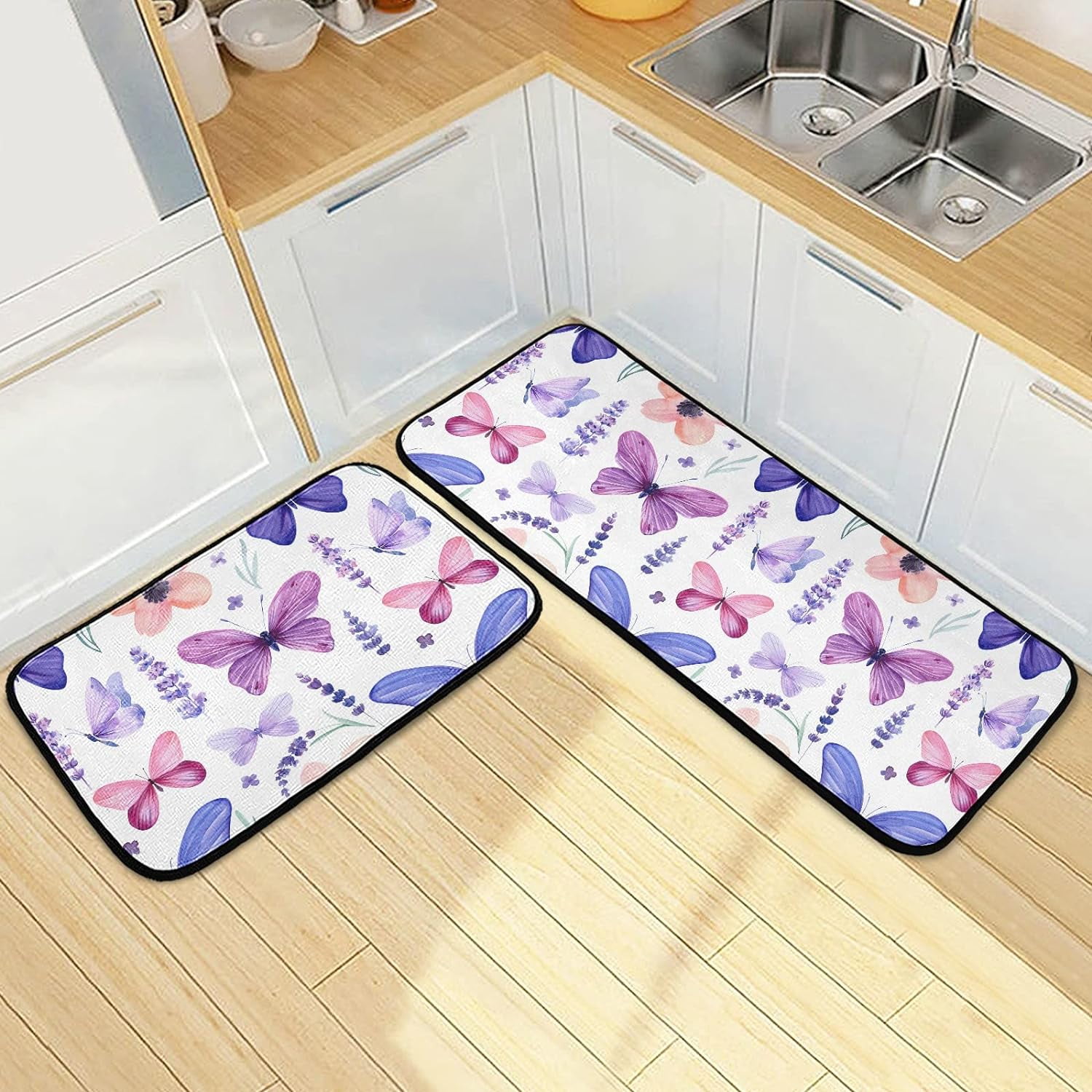 SKYSONIC Lavender Flowers Butterflies Kitchen Rugs Set of 2, Watercolor ...