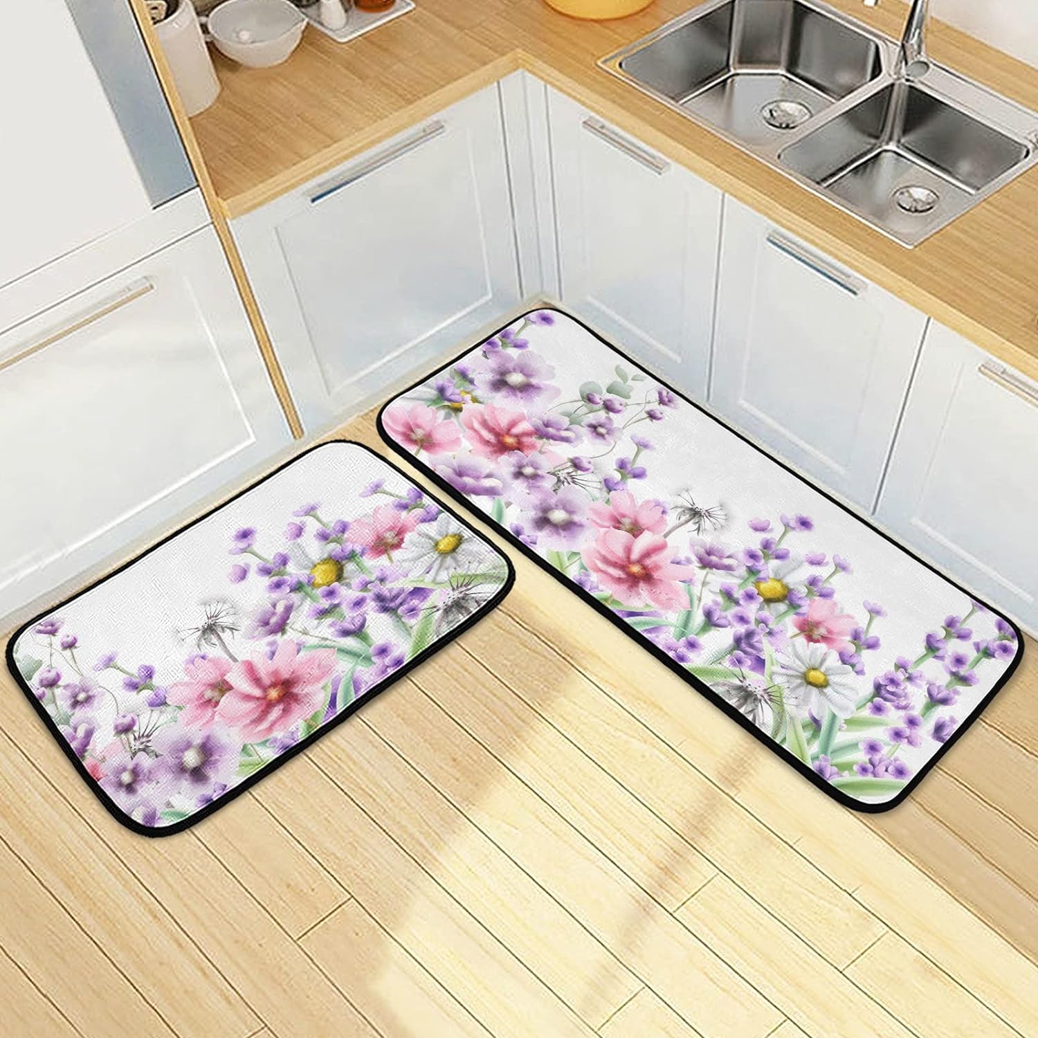 SKYSONIC Lavender Flowers Watercolor Kitchen Rugs Set of 2, Spring ...