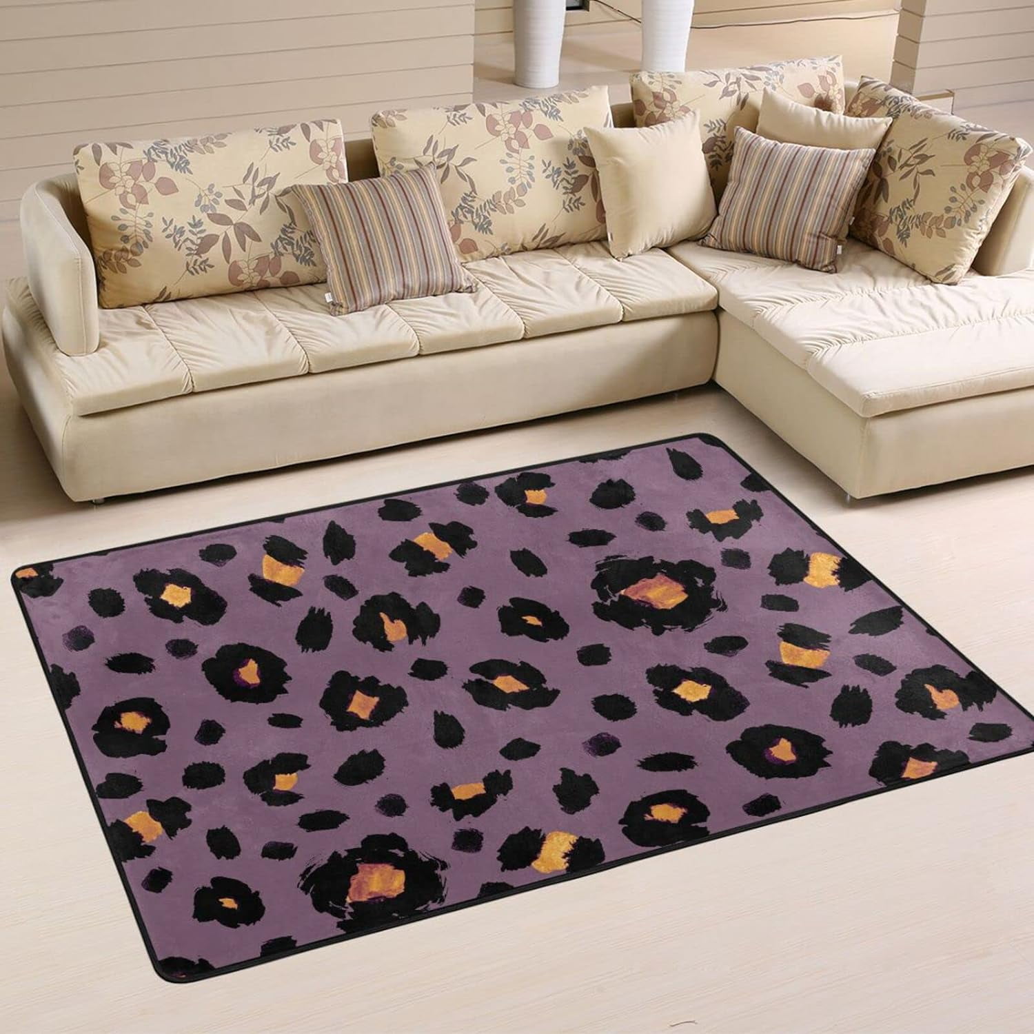 SKYSONIC Leopard Black Gold Purple Non-Slip Area Rug, Abstract ...