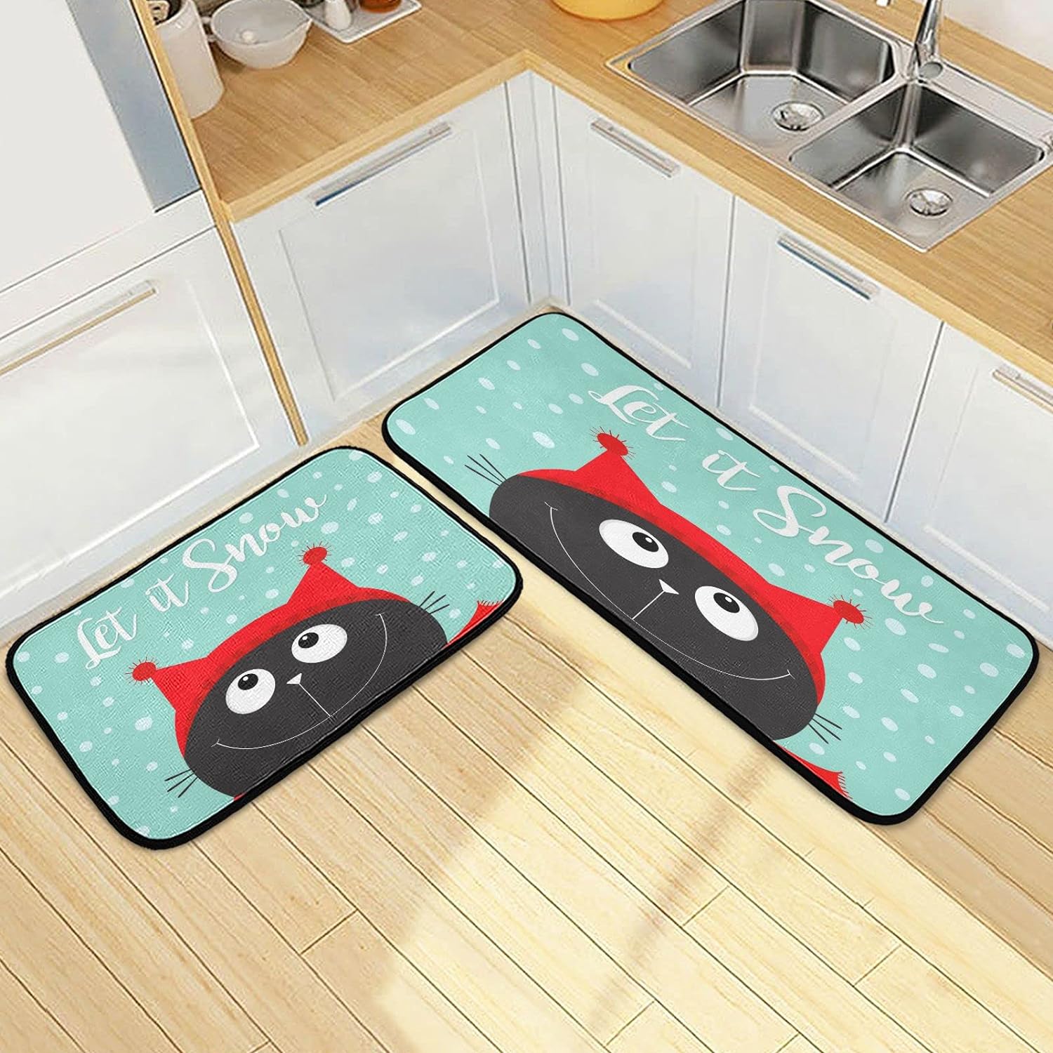 SKYSONIC Let It Snow Kitchen Mats Set of 2 Cute Black Cat Anti Fatigue ...