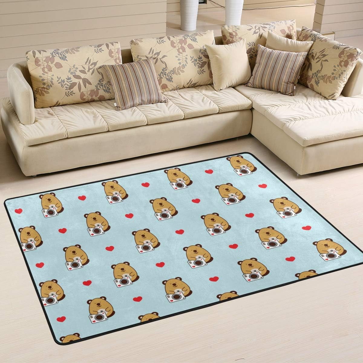 SKYSONIC Lightweight Soft Area Rugs Bear with Camera and Hearts Floor ...