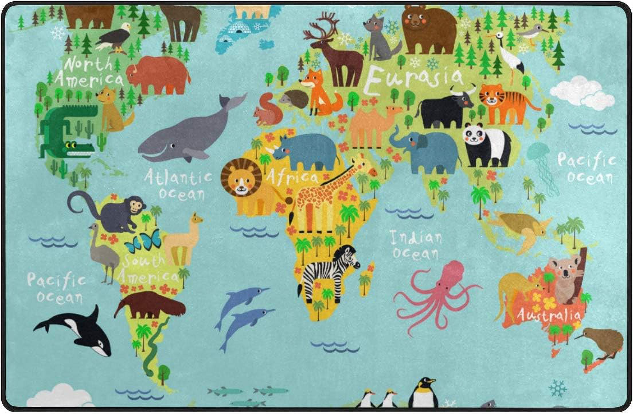 SKYSONIC Lightweight Soft Area Rugs Colorful Animals World Map Floor ...