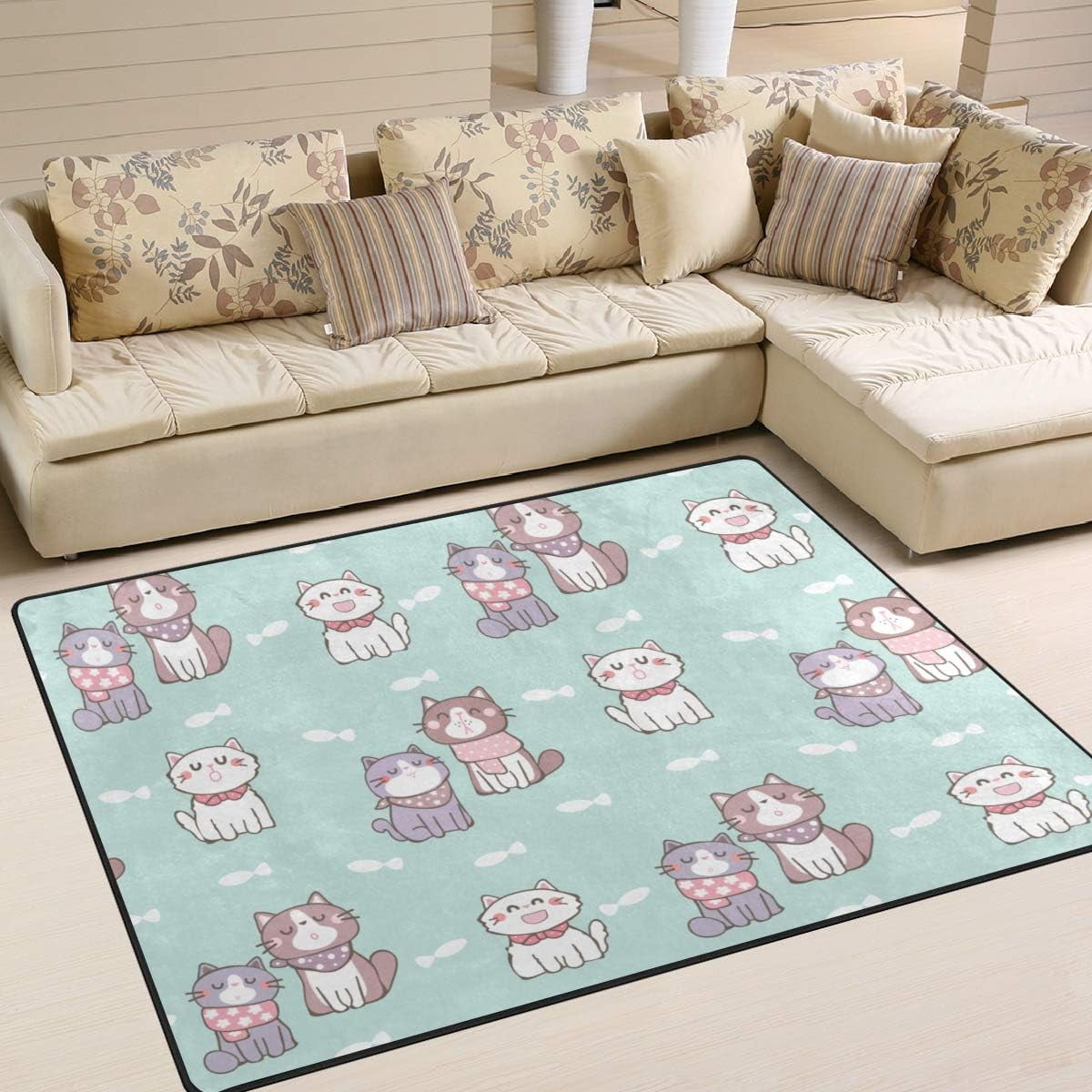 SKYSONIC Lightweight Soft Area Rugs Cute Cartoon Cat Floor Mat for Kids ...