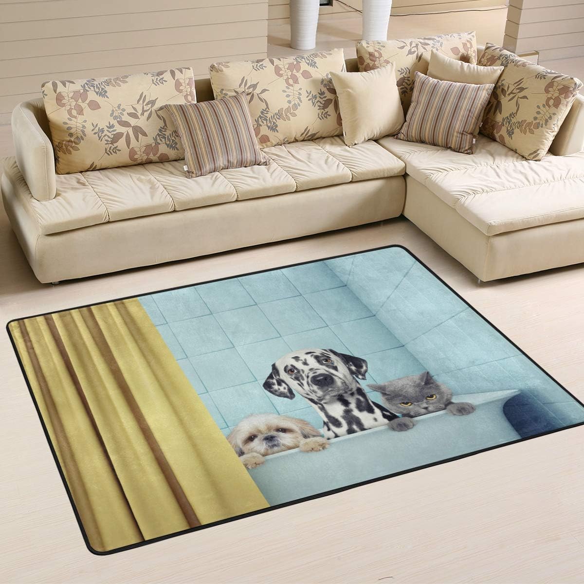 SKYSONIC Lightweight Soft Area Rugs Cute Dogs and Cat in The Bath Floor ...