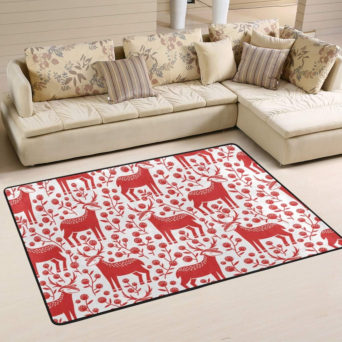 SKYSONIC Lightweight Soft Area Rugs Cute Red Deer and Berries Floor Mat ...