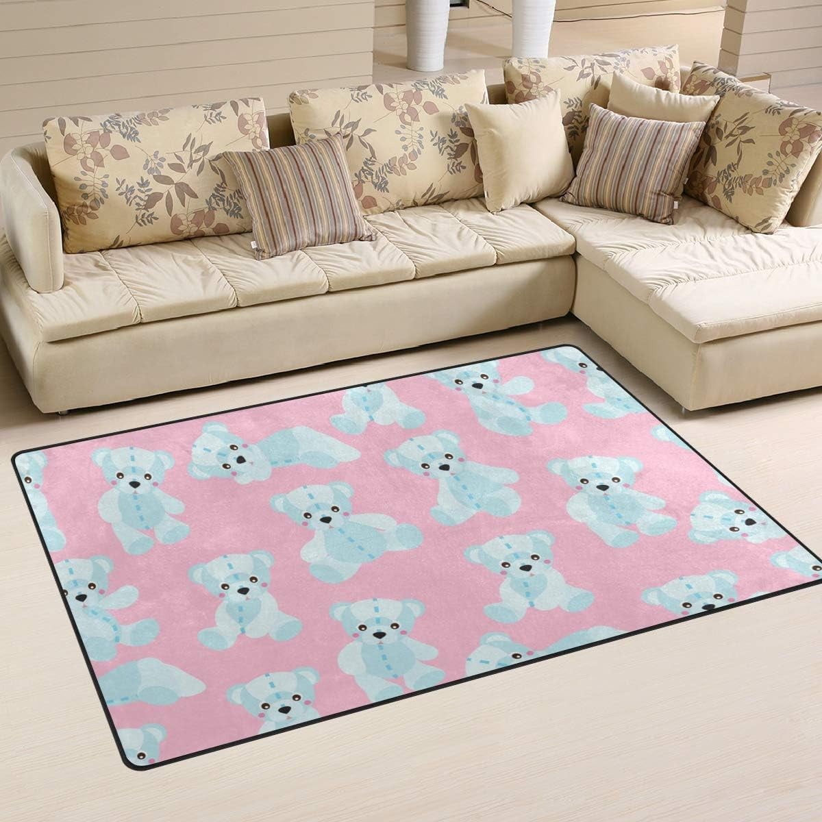 SKYSONIC Lightweight Soft Area Rugs Cute Teddy Bear On Pink Floor Mat ...