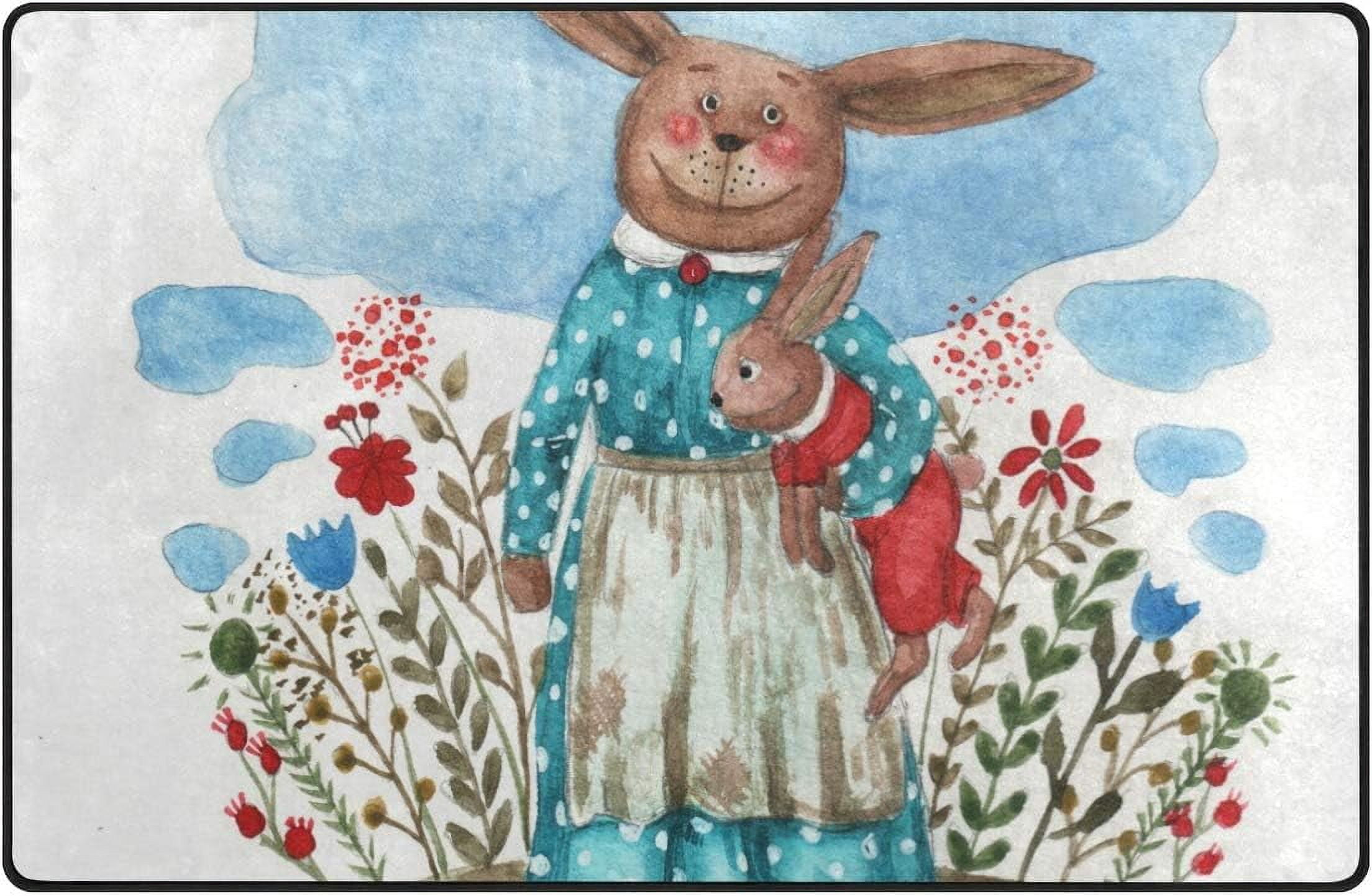 SKYSONIC Lightweight Soft Area Rugs Rabbit-Mom in Flowers Floor Mat for ...