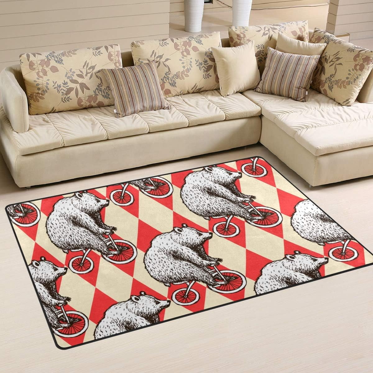 SKYSONIC Lightweight Soft Area Rugs Sketch Bear On Bike Floor Mat for ...