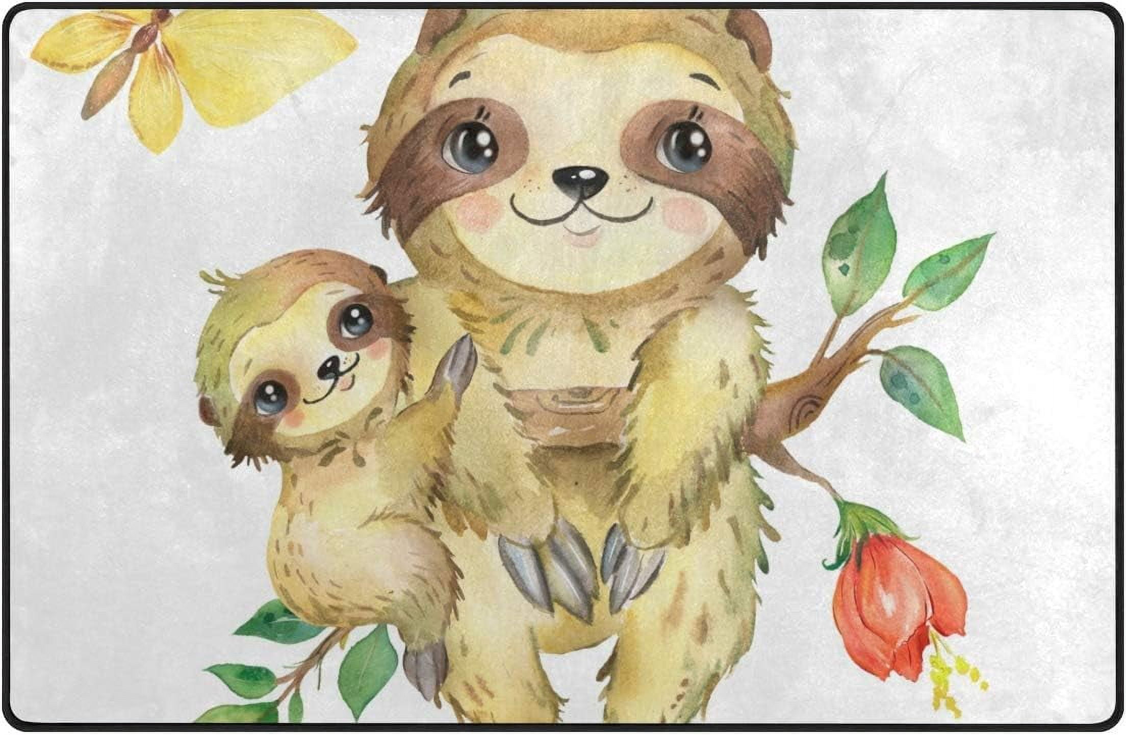 SKYSONIC Lightweight Soft Area Rugs Sloth Mom and Her Cub On Tree Floor ...