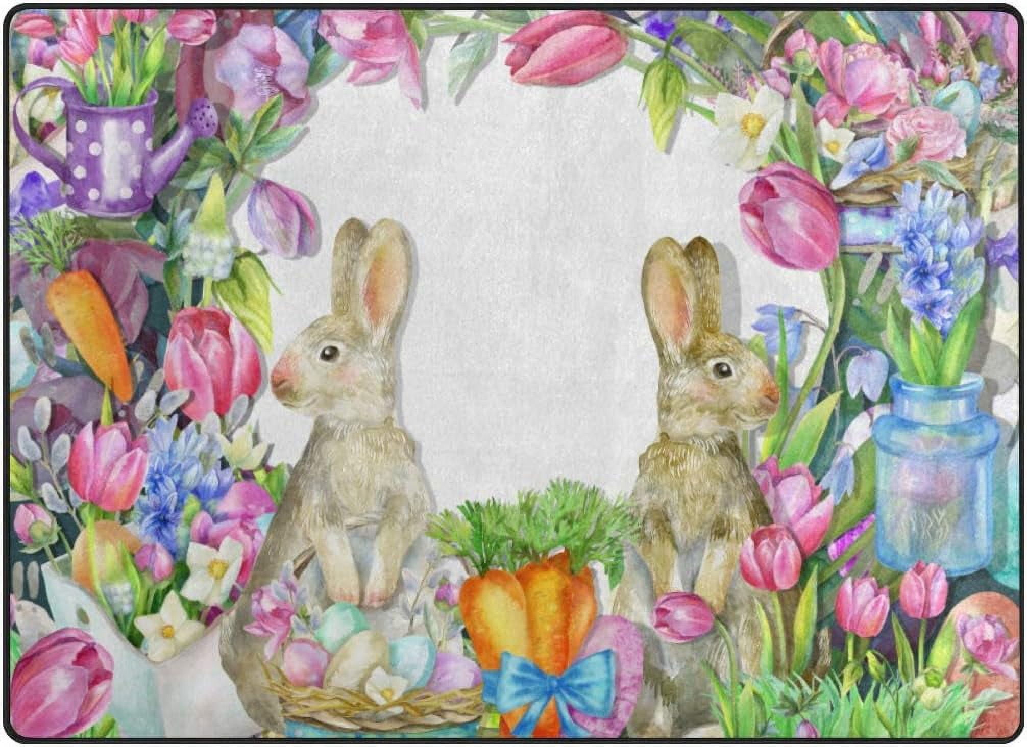 SKYSONIC Lightweight Soft Area Rugs Spring Watercolor Frame with Easter ...