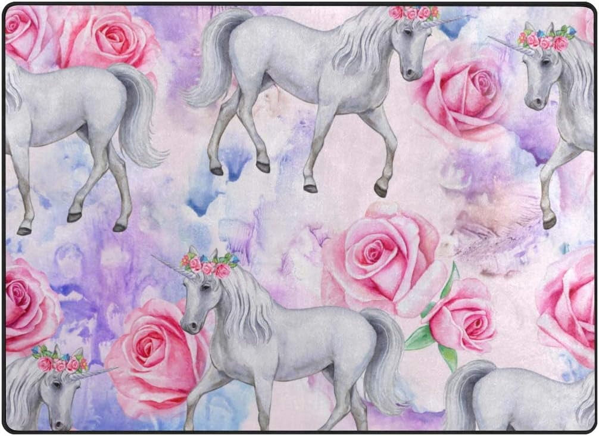 SKYSONIC Lightweight Soft Area Rugs Unicorn with Pink Roses Floor Mat ...