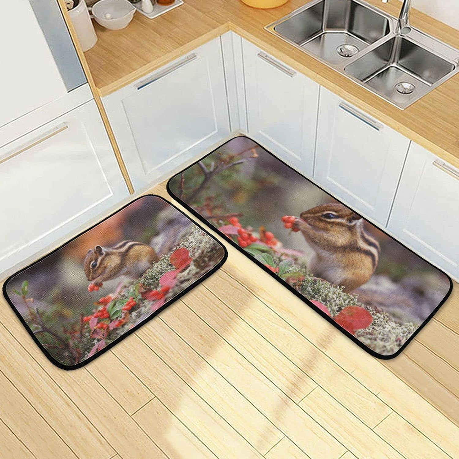 SKYSONIC Lovely Fall Squirrel Kitchen Rugs Set of 2, Autumn Red Berries ...