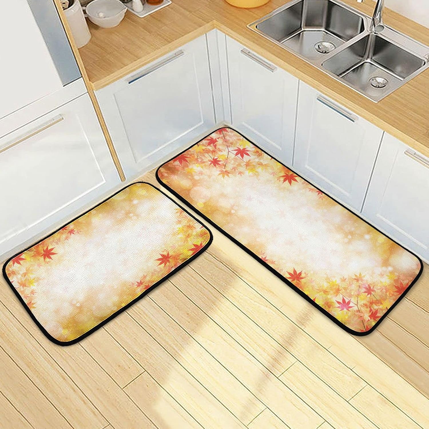 SKYSONIC Maple Leaves Fall Red Kitchen Rugs Set of 2, Foliage Vintage ...