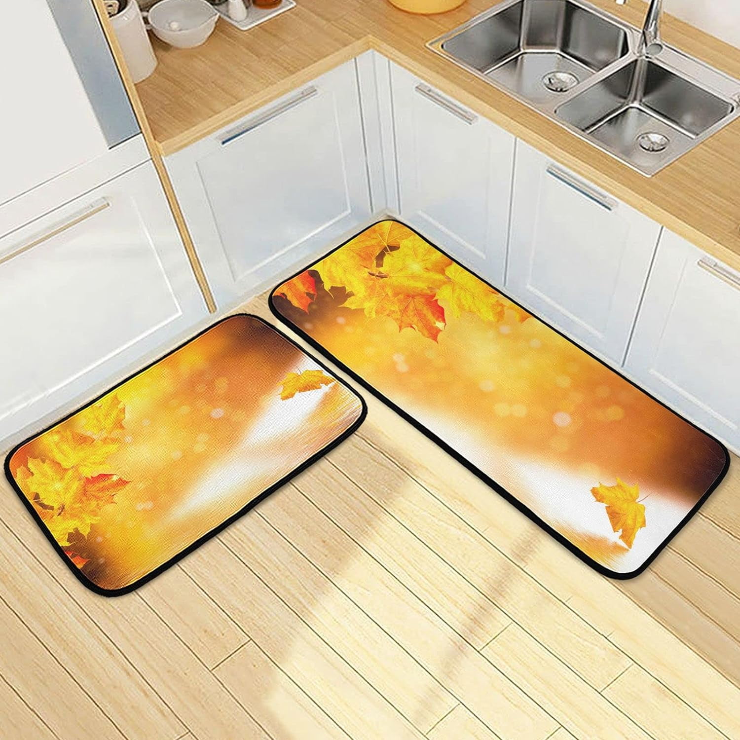 SKYSONIC Maple Leaves Fall Water Kitchen Rugs Set of 2, Autumn Foliage ...