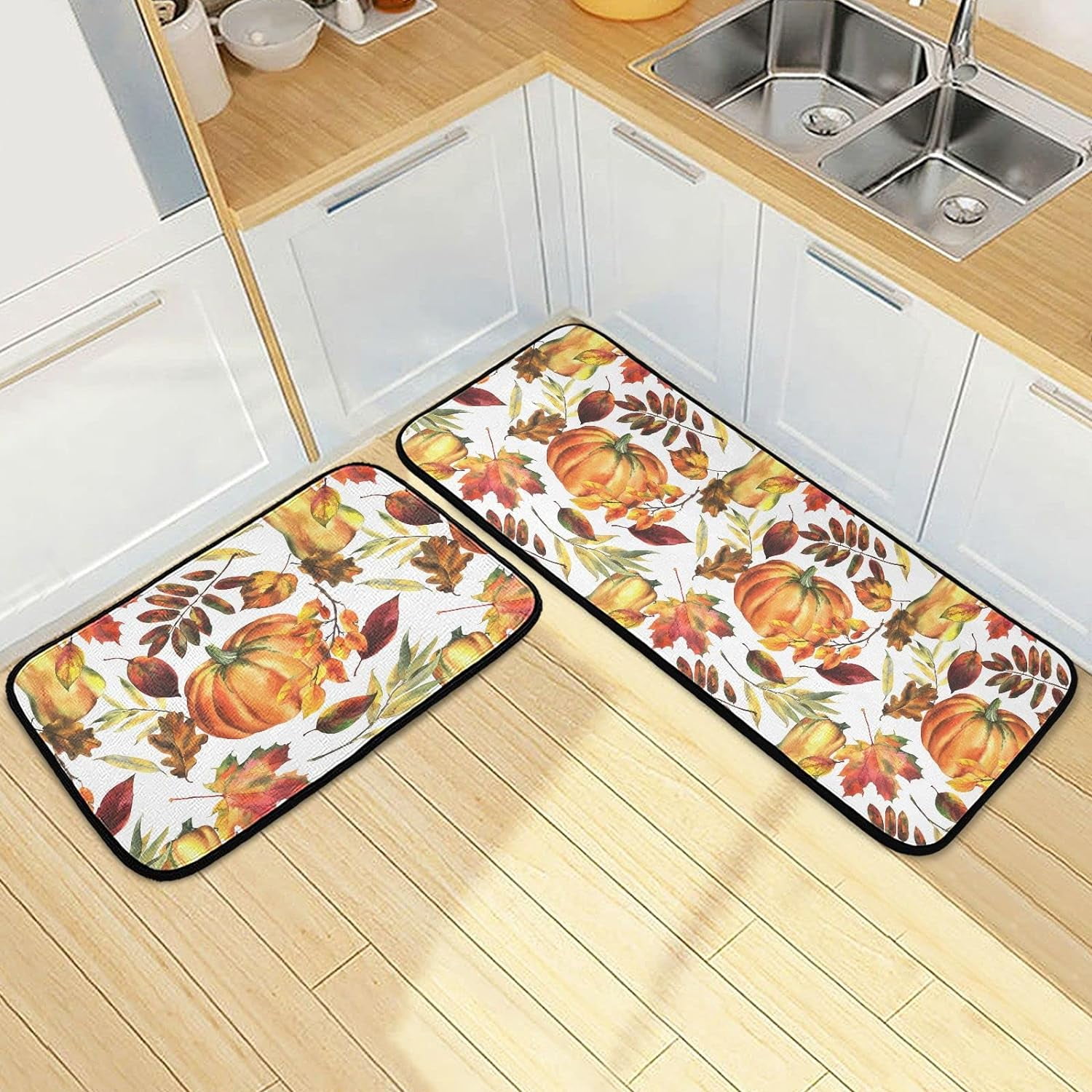 SKYSONIC Maple Leaves Pumpkin Fall Kitchen Rugs Set of 2, Thanksgiving Watercolor Floor Runner ...