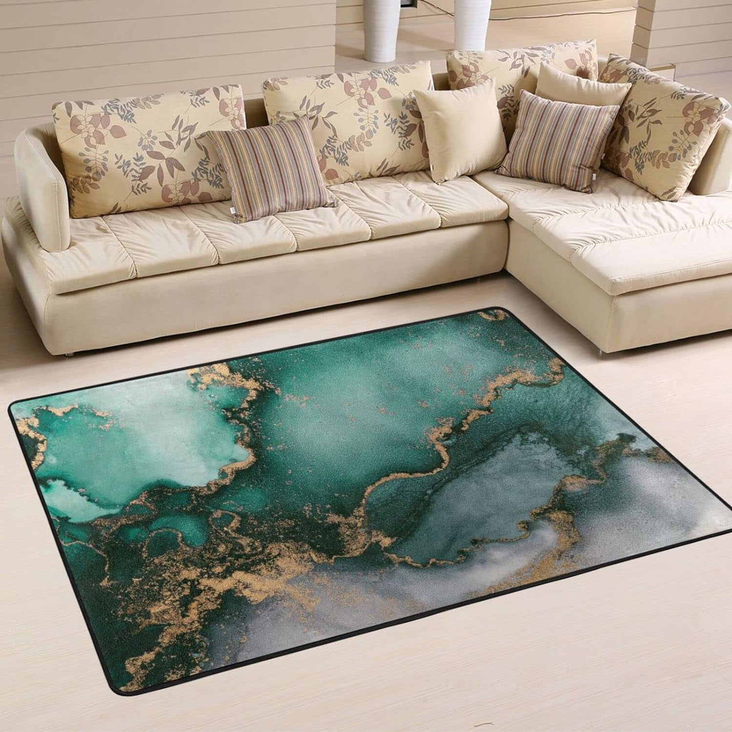 SKYSONIC Marble Ink Art Abstract Non-Slip Area Rug, Glittering Golden ...