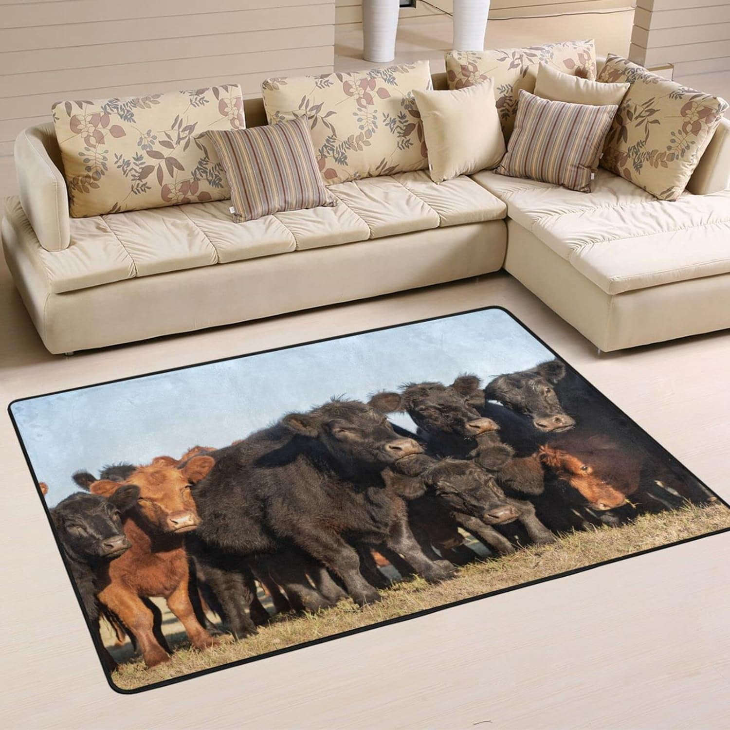 SKYSONIC Meadow Herd Cows Cattle Non-Slip Area Rug, Rustic Farm Animal ...