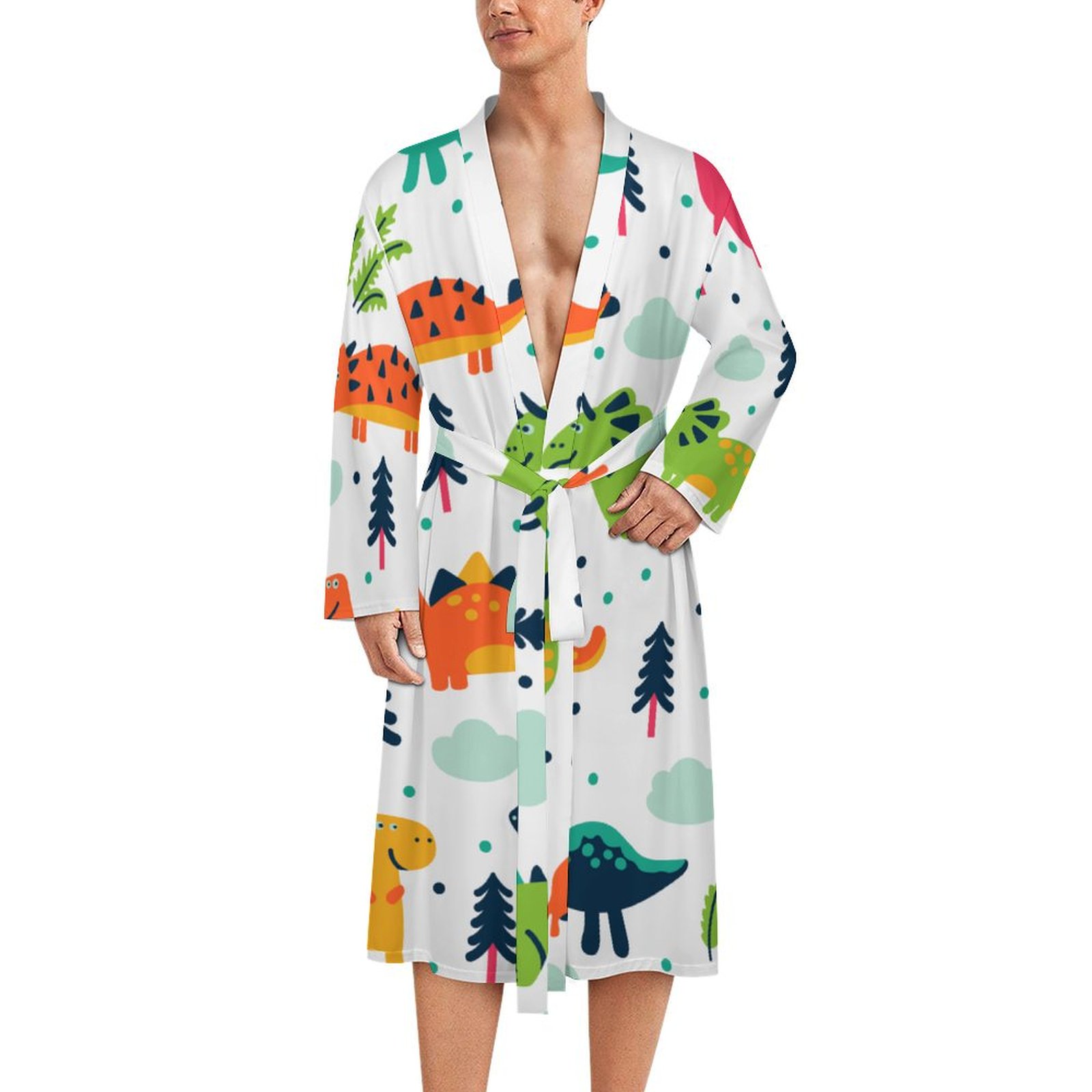 SKYSONIC Mens Robe Lightweight Kimono, Adorable Pattern Funny Dinosaurs ...