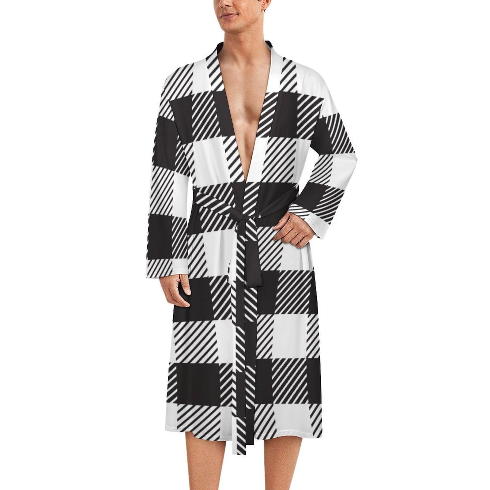 SKYSONIC Mens Robe Lightweight Kimono, Black White Gingham Lumberjack ...