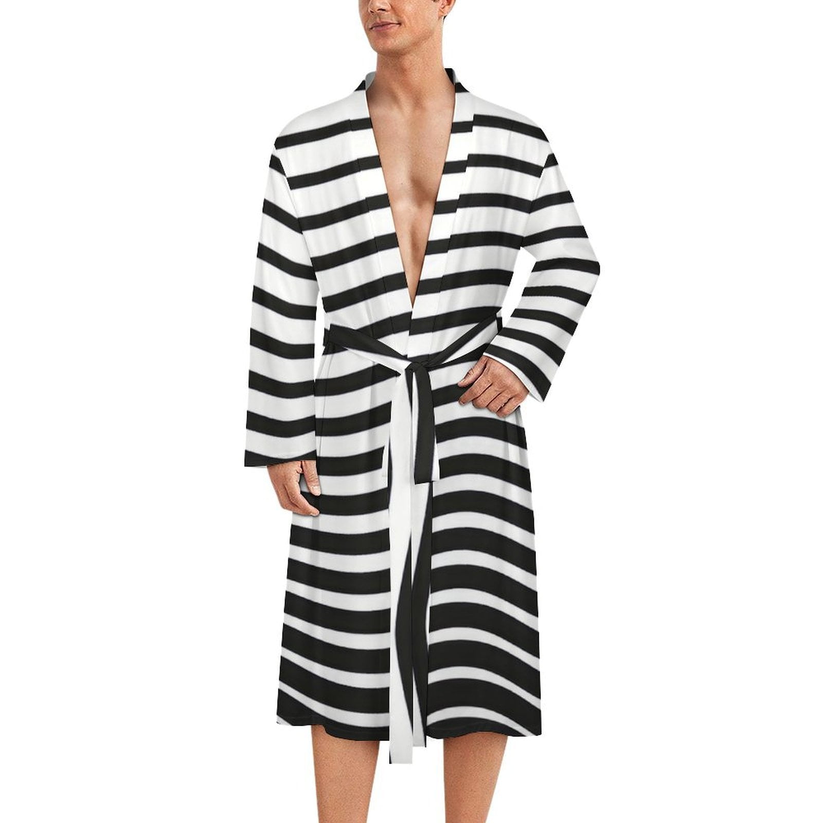 SKYSONIC Mens Robe Lightweight Kimono, Black White Striped Lines ...
