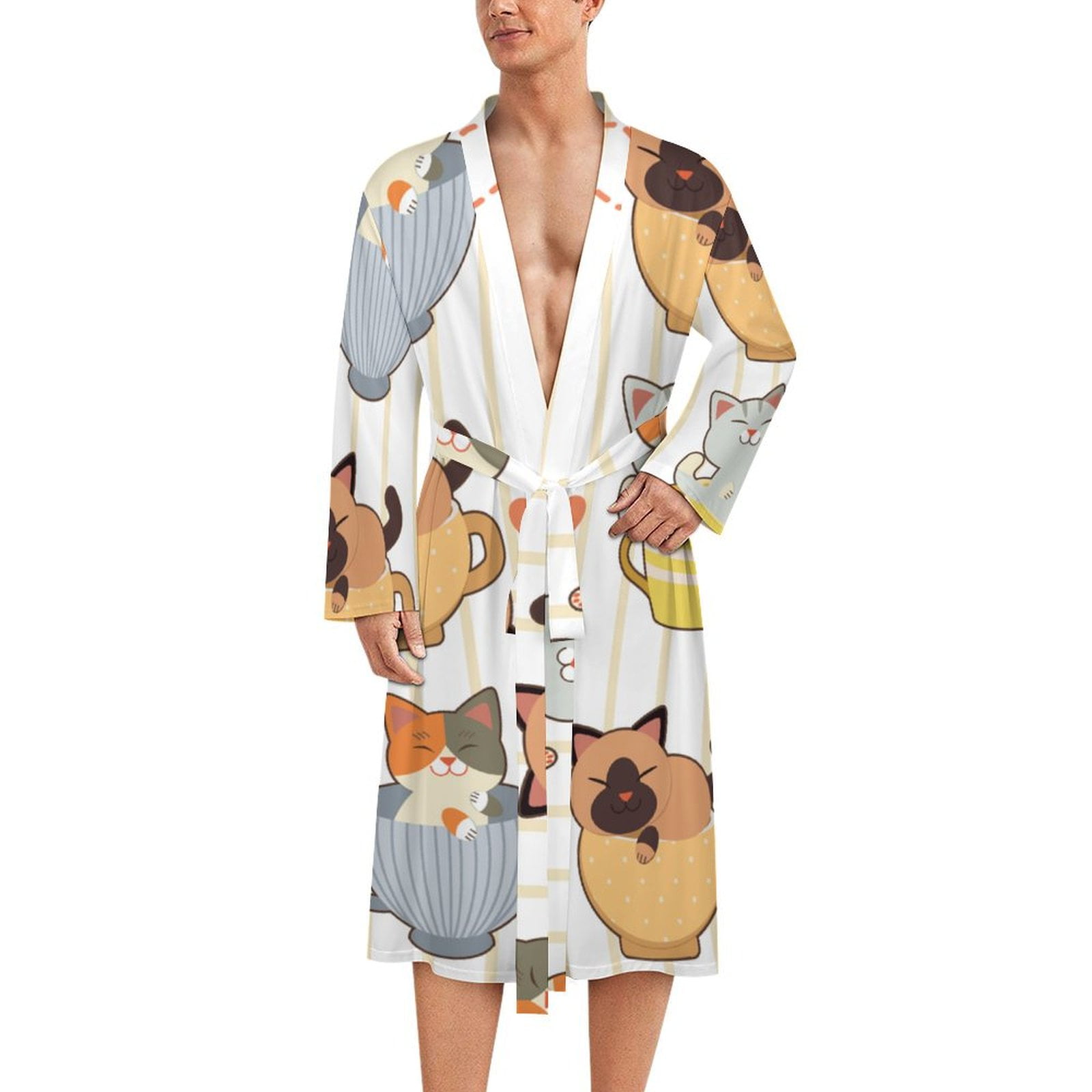 SKYSONIC Mens Robe Lightweight Kimono, Cute Cat Cup Character Bathrobes ...