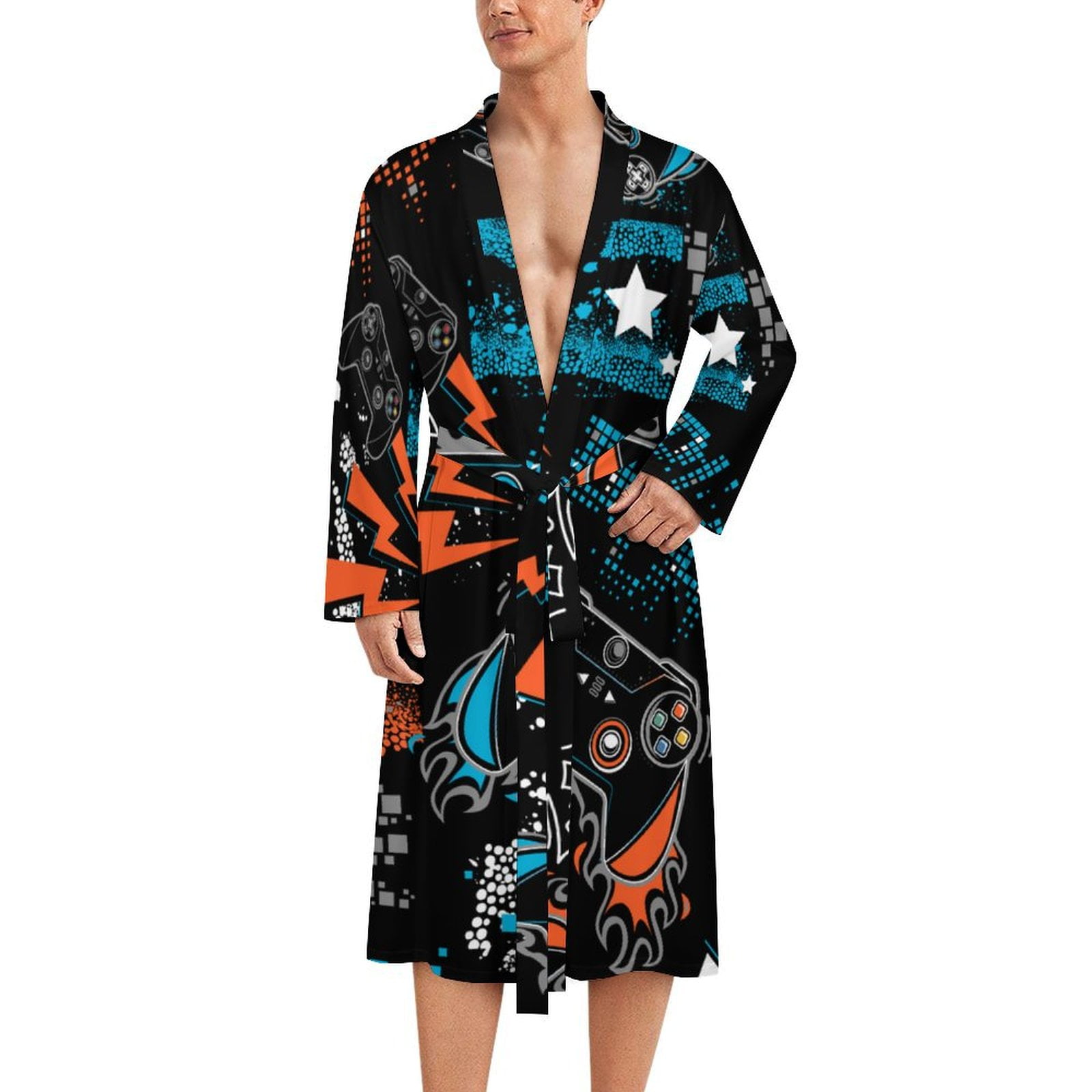 SKYSONIC Mens Robe Lightweight Kimono, Graffiti Pattern Joystick Sign ...