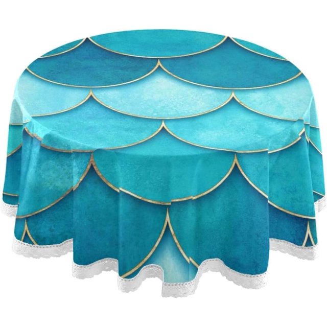 SKYSONIC Mermaid Blue Teal Turquoise Tablecloth Fish Scale Wave Round ...