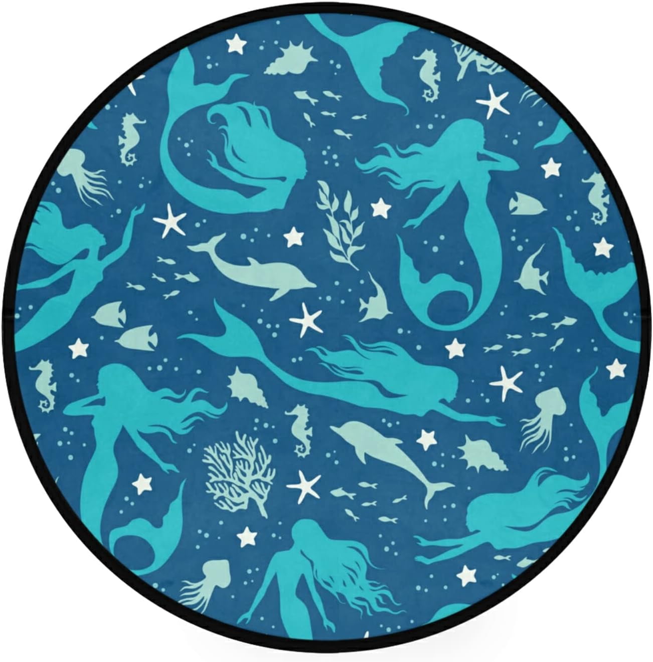 SKYSONIC Mermaid Dolphin Ocean ElementsRound Area Rug Chair Couch Cover ...