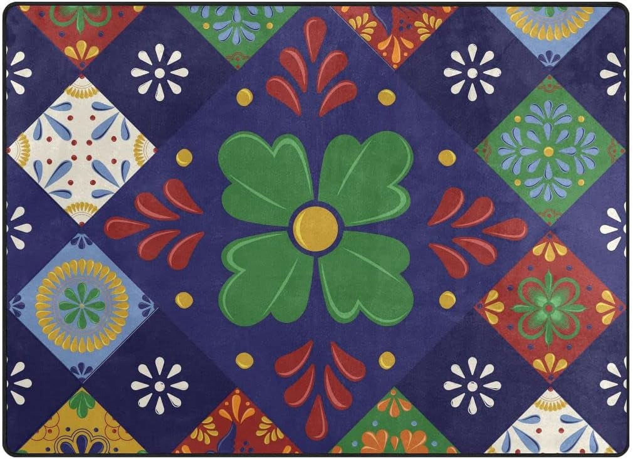 SKYSONIC Mexican Talavera Tile Area Rug 80"x58" Pet & Child Friendly ...