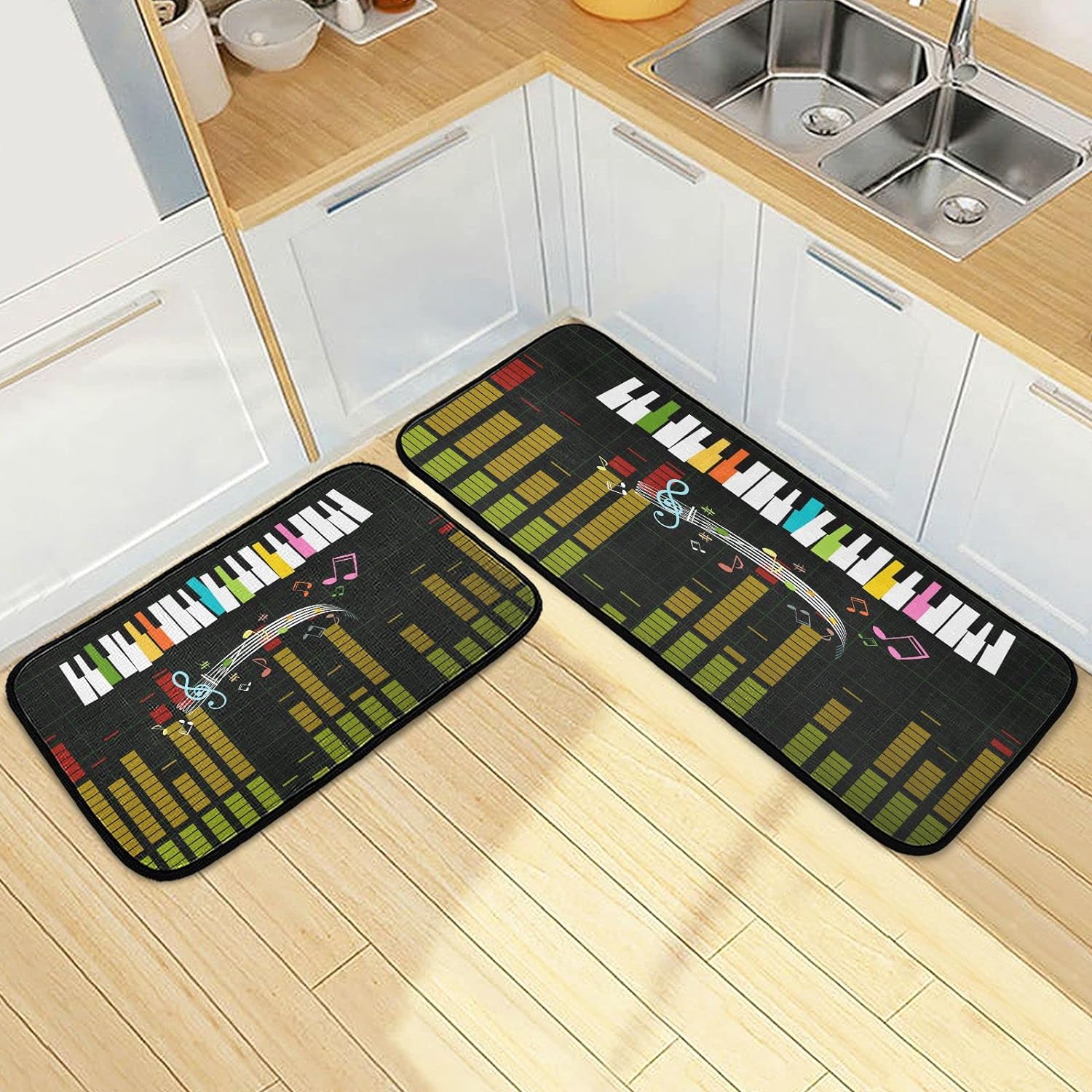 SKYSONIC Music Studio Keyboard Kitchen Mats Set of 2 Notes Clef Anti ...