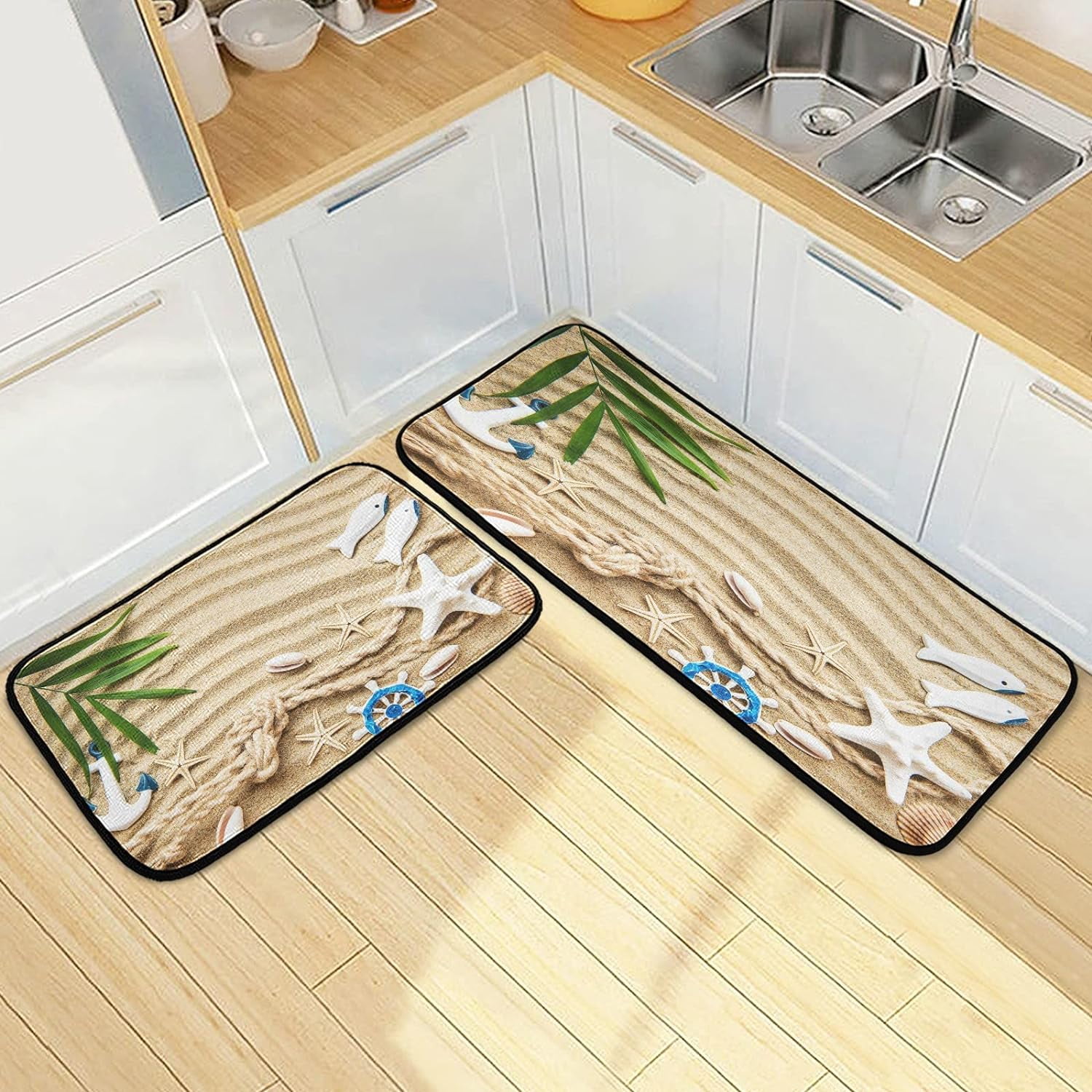 SKYSONIC Nautical Beach Seashells Kitchen Mats and Rugs Tropical Summer ...