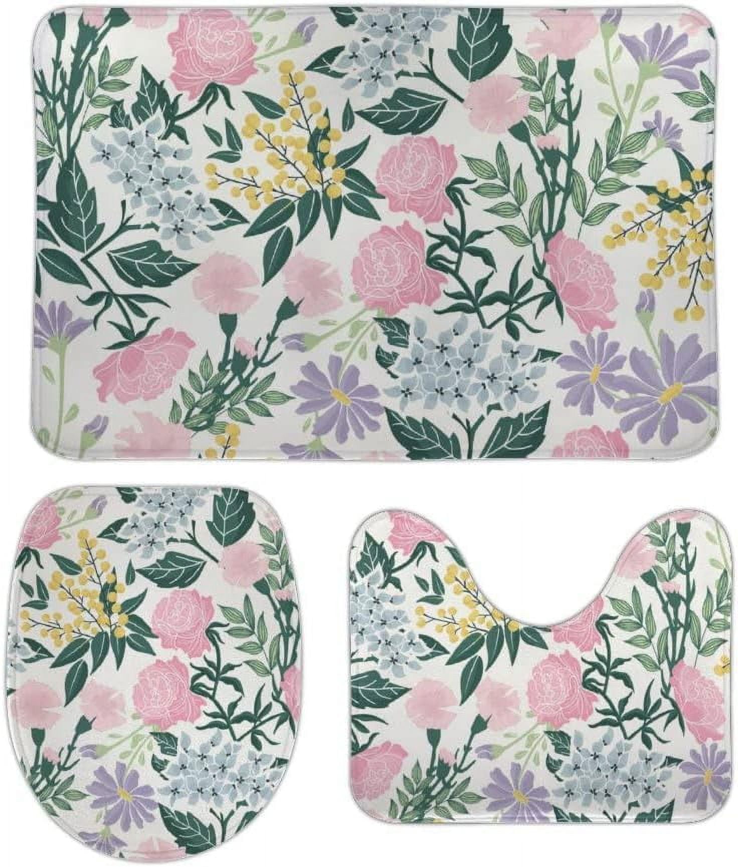 SKYSONIC Non-Slip 3 Piece Bathroom Rug Set Beautiful Flowers Leaves ...