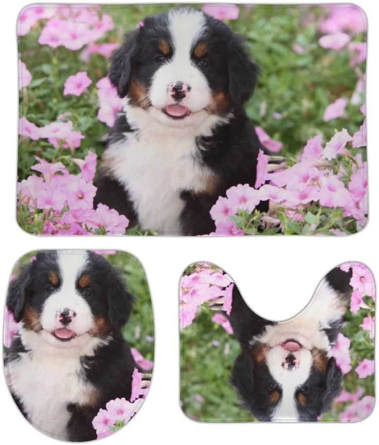 SKYSONIC Non-Slip 3 Piece Bathroom Rug Set Bernese Mountain Puppy Sits ...