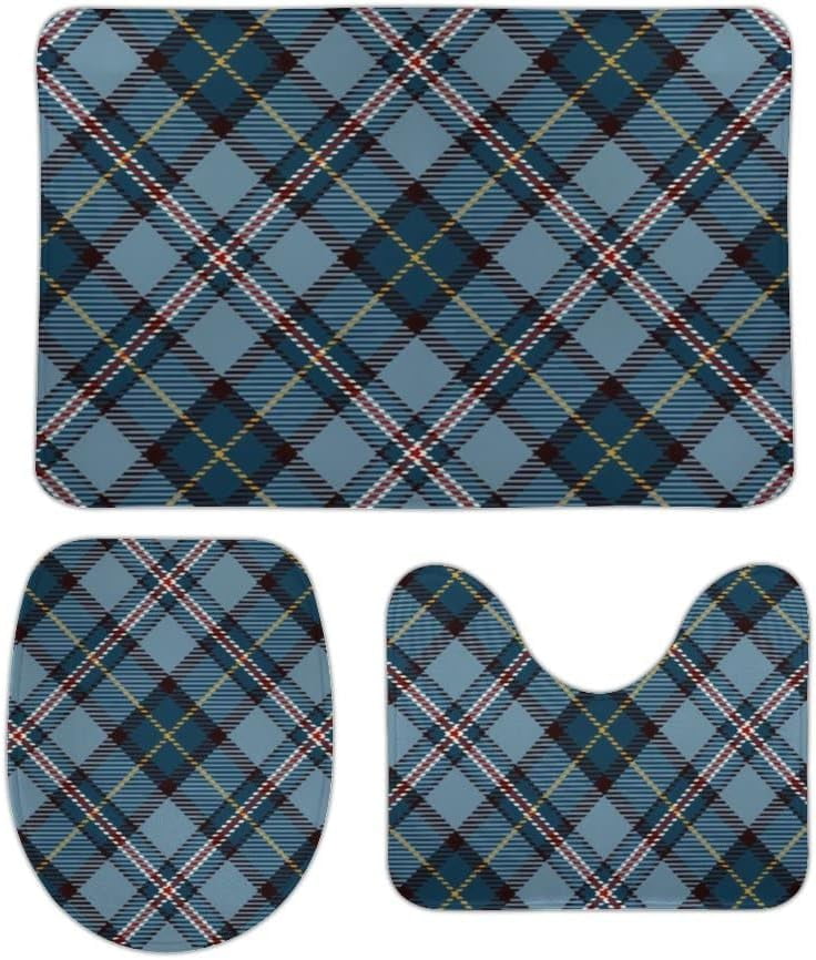 SKYSONIC Non-Slip 3 Piece Bathroom Rug Set Blue Tartan Pattern ...