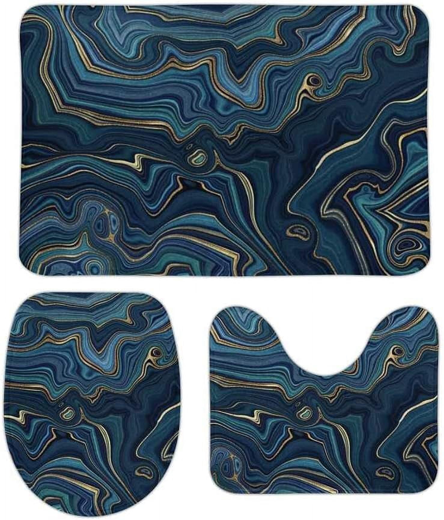 SKYSONIC Non-Slip 3 Piece Bathroom Rug Set Blue Texture Soft Contour ...