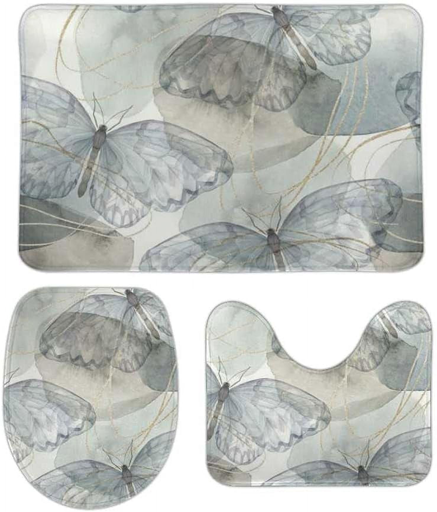 SKYSONIC Non-Slip 3 Piece Bathroom Rug Set Butterflies and Golden Lines ...