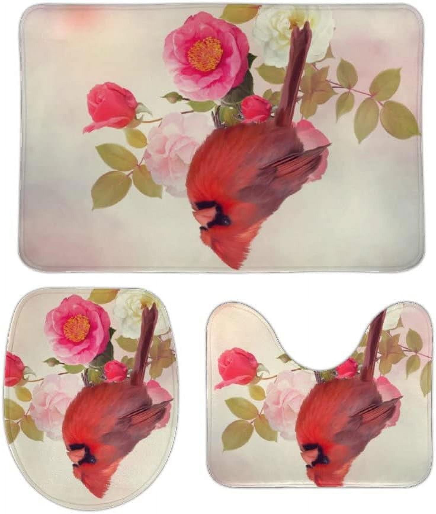 SKYSONIC Non-Slip 3 Piece Bathroom Rug Set Cardinal in The Rose Garden ...