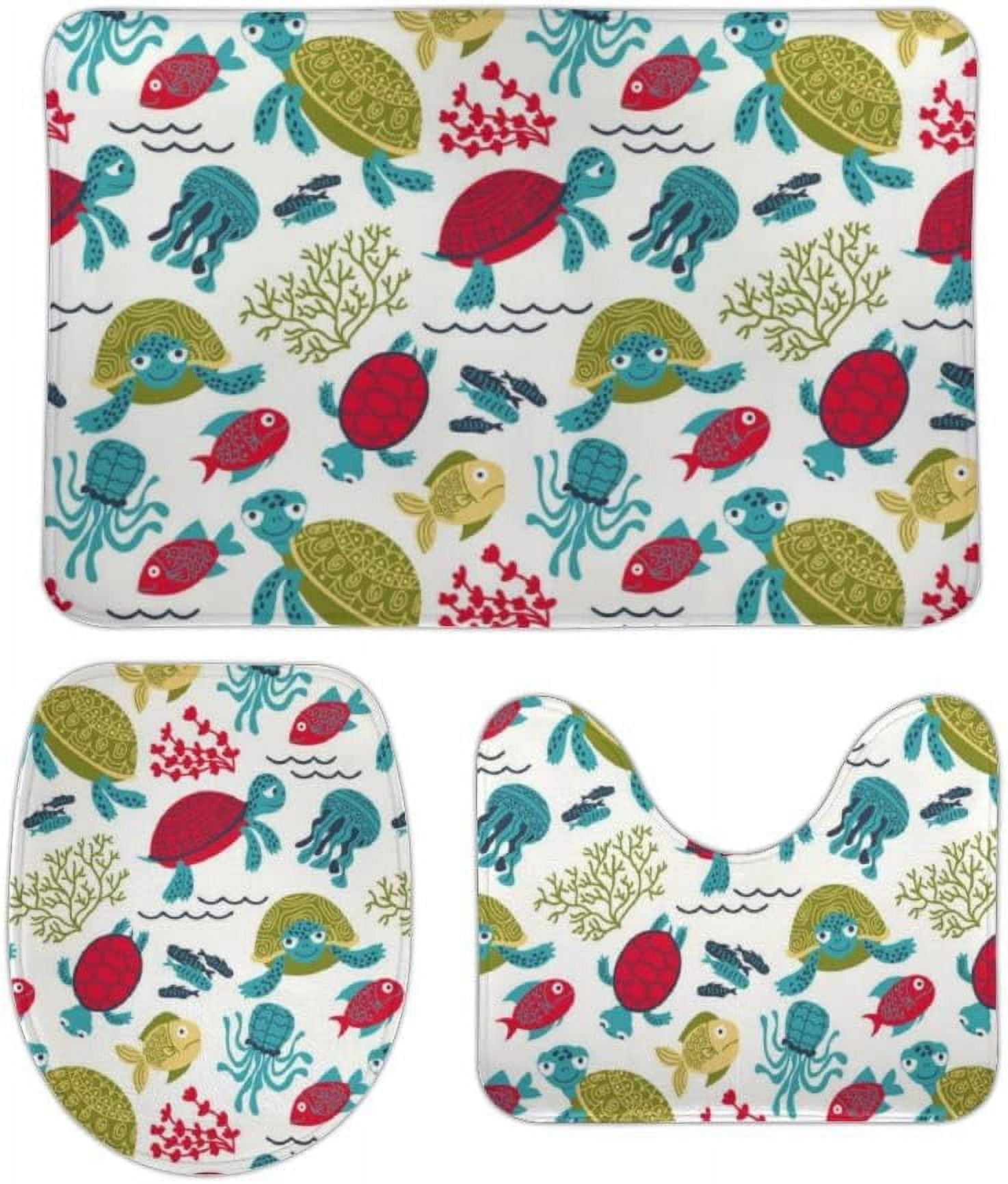 SKYSONIC Non-Slip 3 Piece Bathroom Rug Set Colorful Turtles Underwater ...