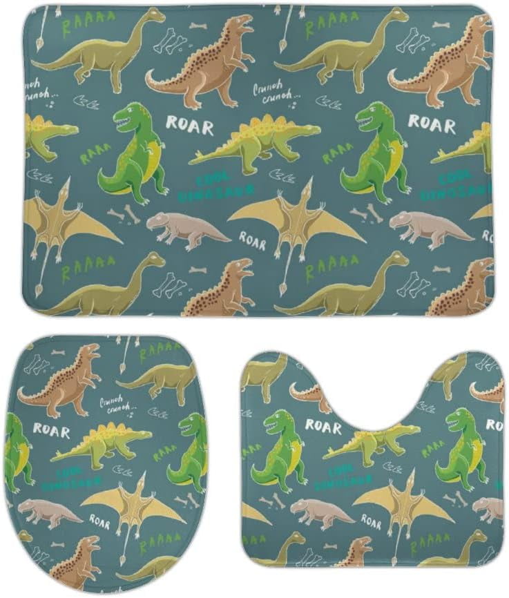 SKYSONIC Non-Slip 3 Piece Bathroom Rug Set Cute Cartoon Dinosaurs ...
