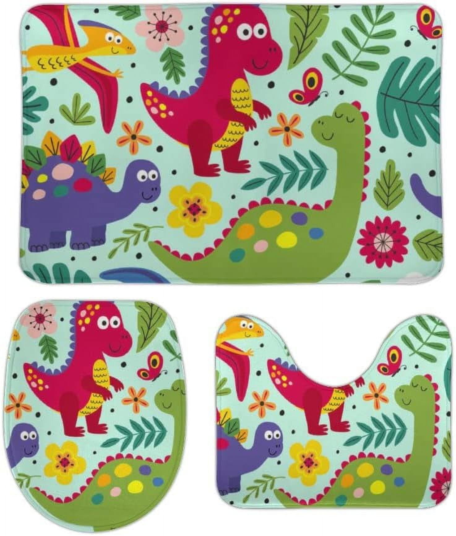 SKYSONIC Non-Slip 3 Piece Bathroom Rug Set Cute Dinosaurs Leaves Soft ...