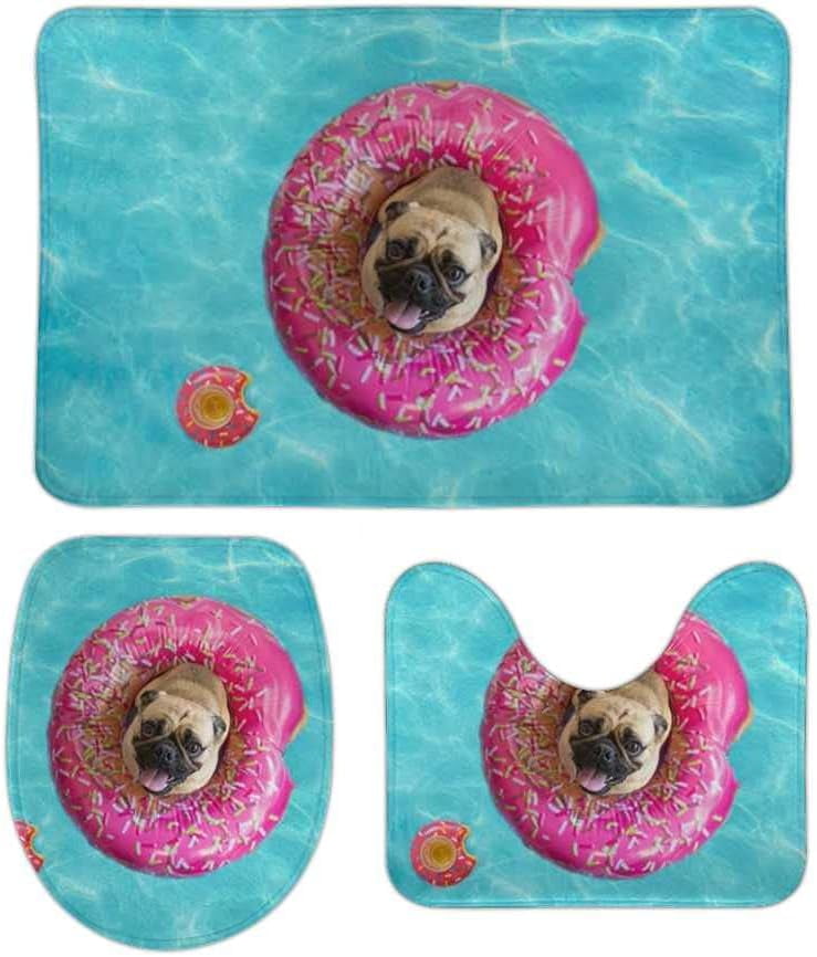 SKYSONIC Non-Slip 3 Piece Bathroom Rug Set Cute Pug Floating in Pool ...