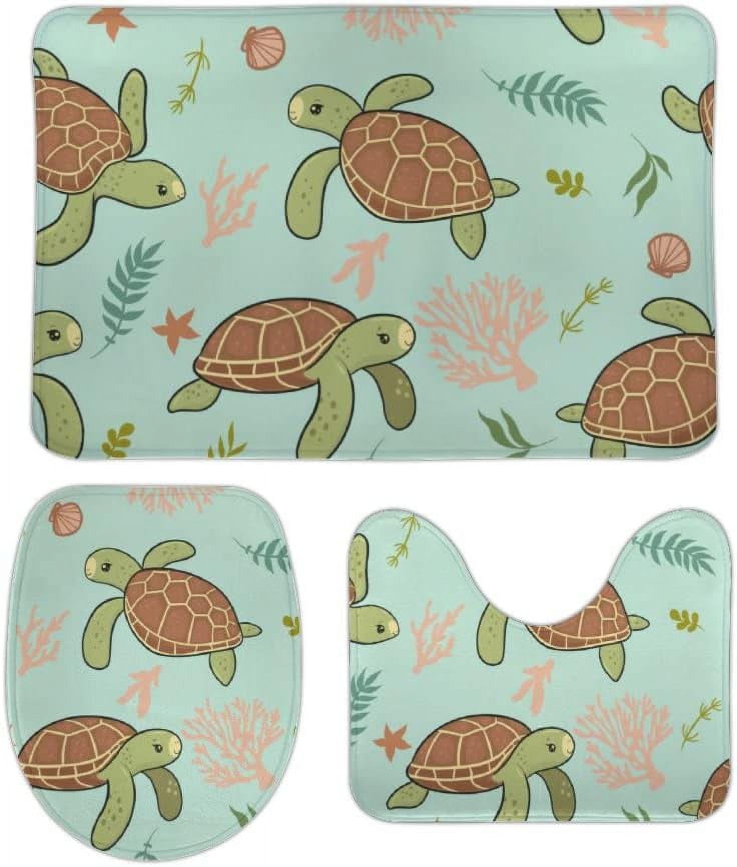 SKYSONIC Non-Slip 3 Piece Bathroom Rug Set Cute Sea Turtles Leaves Soft ...