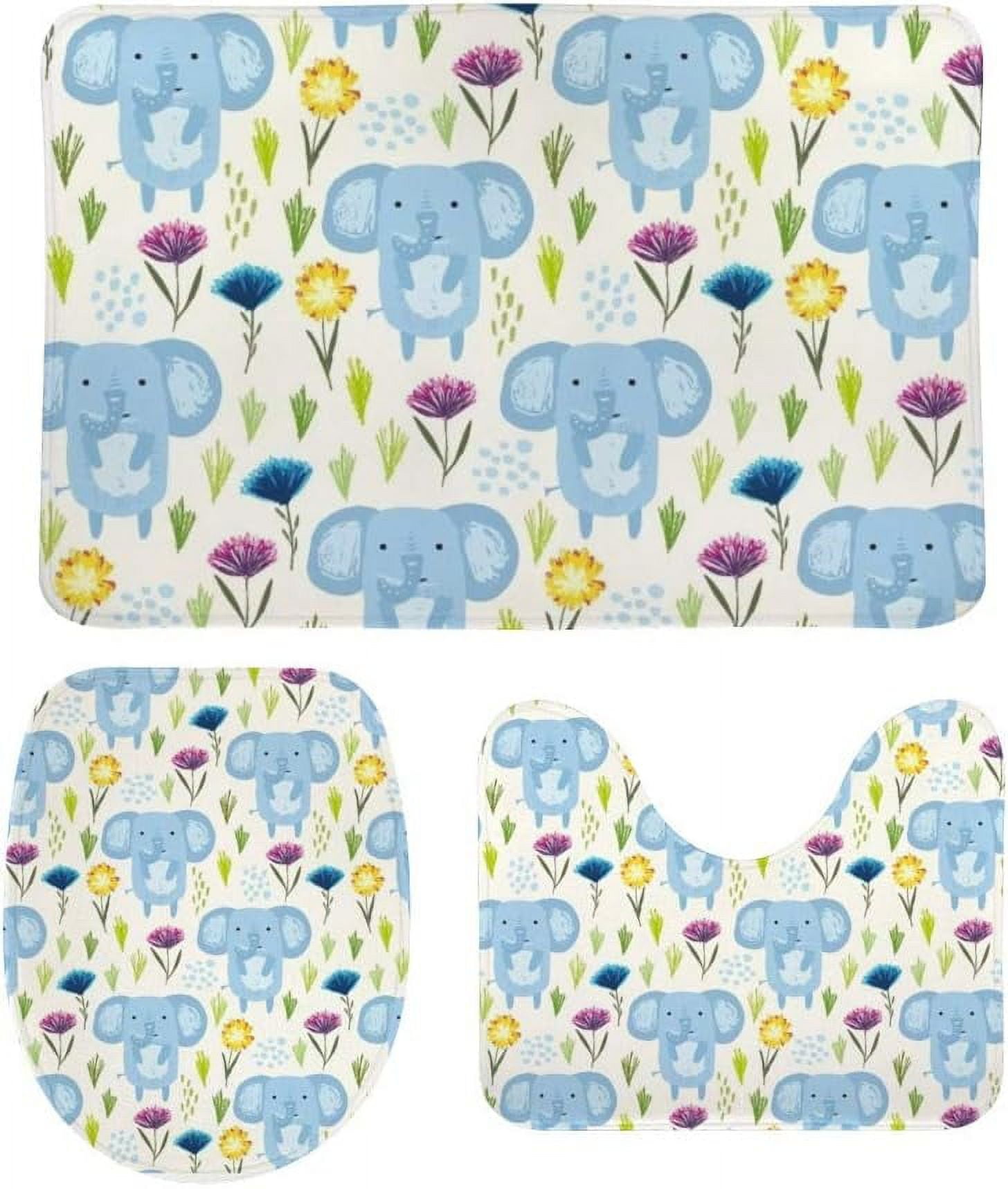 SKYSONIC Non-Slip 3 Piece Bathroom Rug Set Cute Sketchy Blue Elephants ...