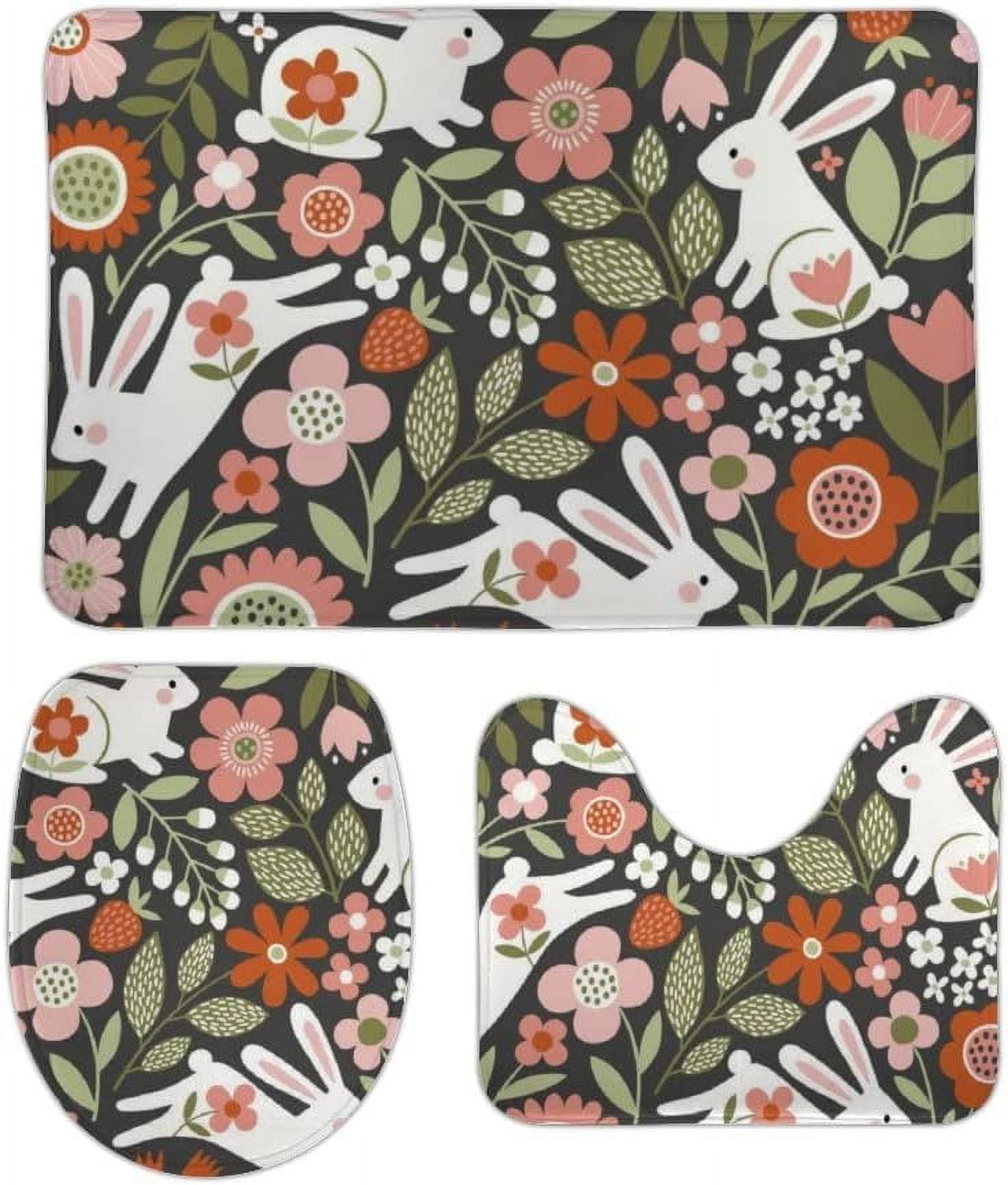 SKYSONIC Non-Slip 3 Piece Bathroom Rug Set Cute White Rabbits Flowers ...