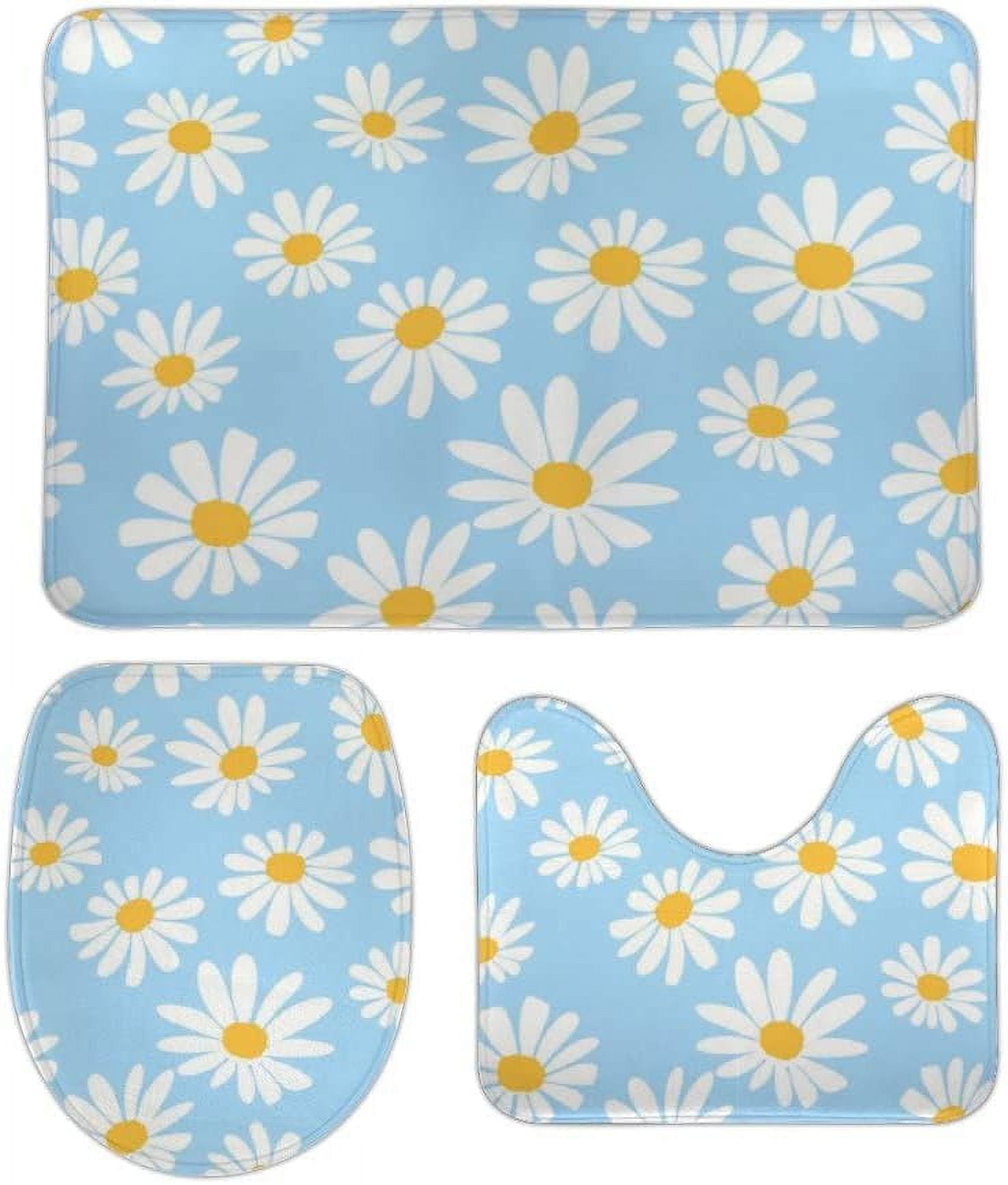 SKYSONIC Non-Slip 3 Piece Bathroom Rug Set Daisy Flower on Blue ...