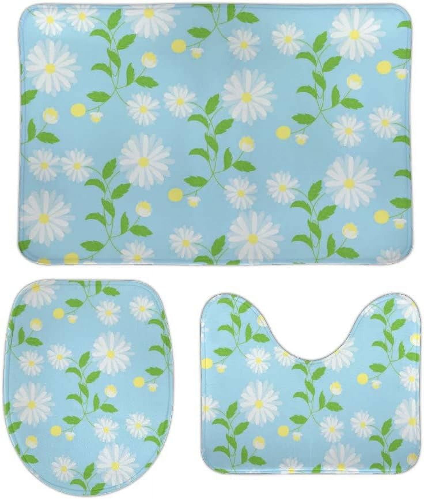 SKYSONIC Non-Slip 3 Piece Bathroom Rug Set Daisy White Flowers on Cyan ...