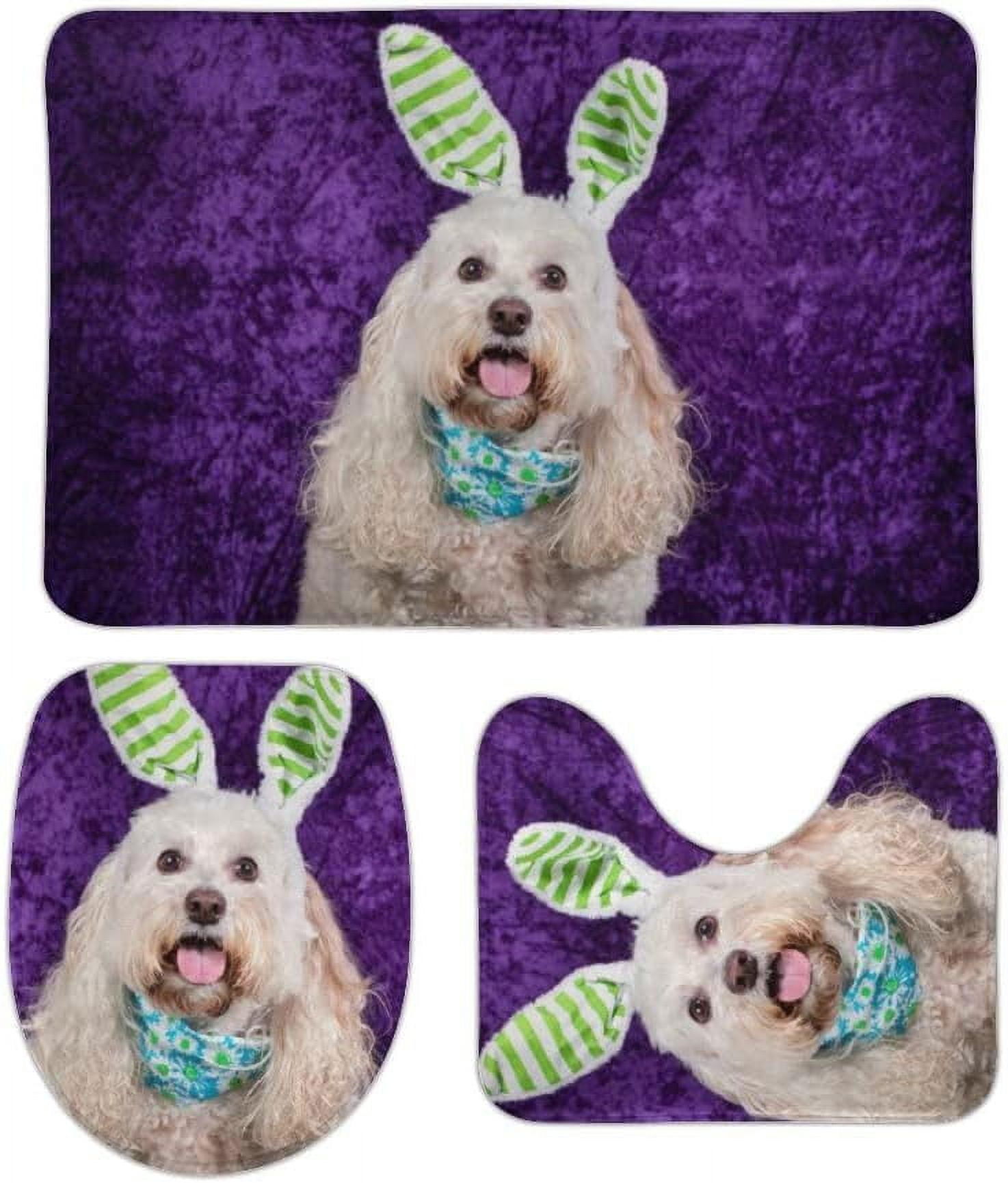 SKYSONIC Non-Slip 3 Piece Bathroom Rug Set Dog with Easter Bunny Ears ...
