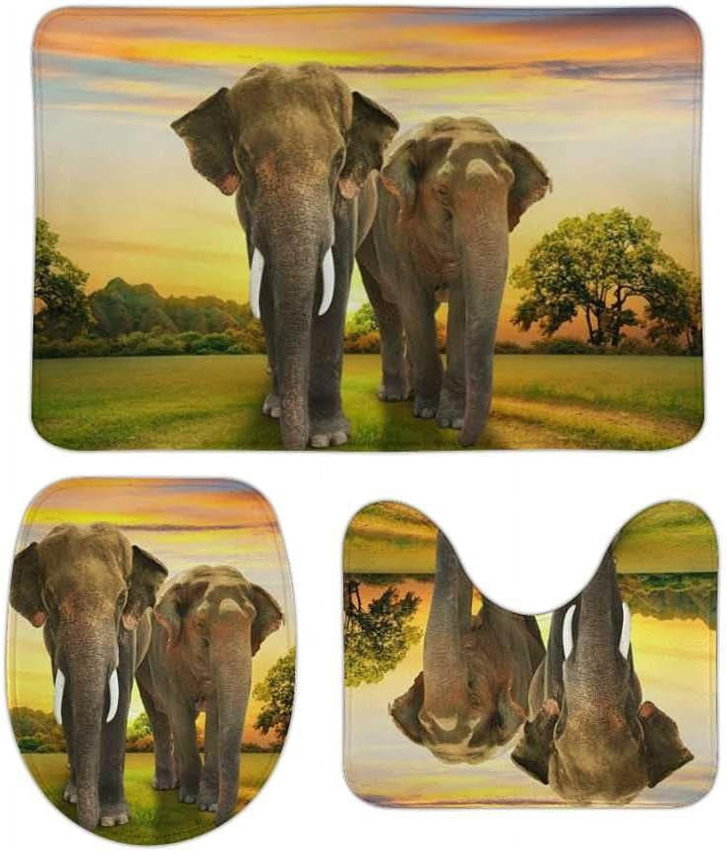 SKYSONIC Non-Slip 3 Piece Bathroom Rug Set Elephants Family On Sunset ...