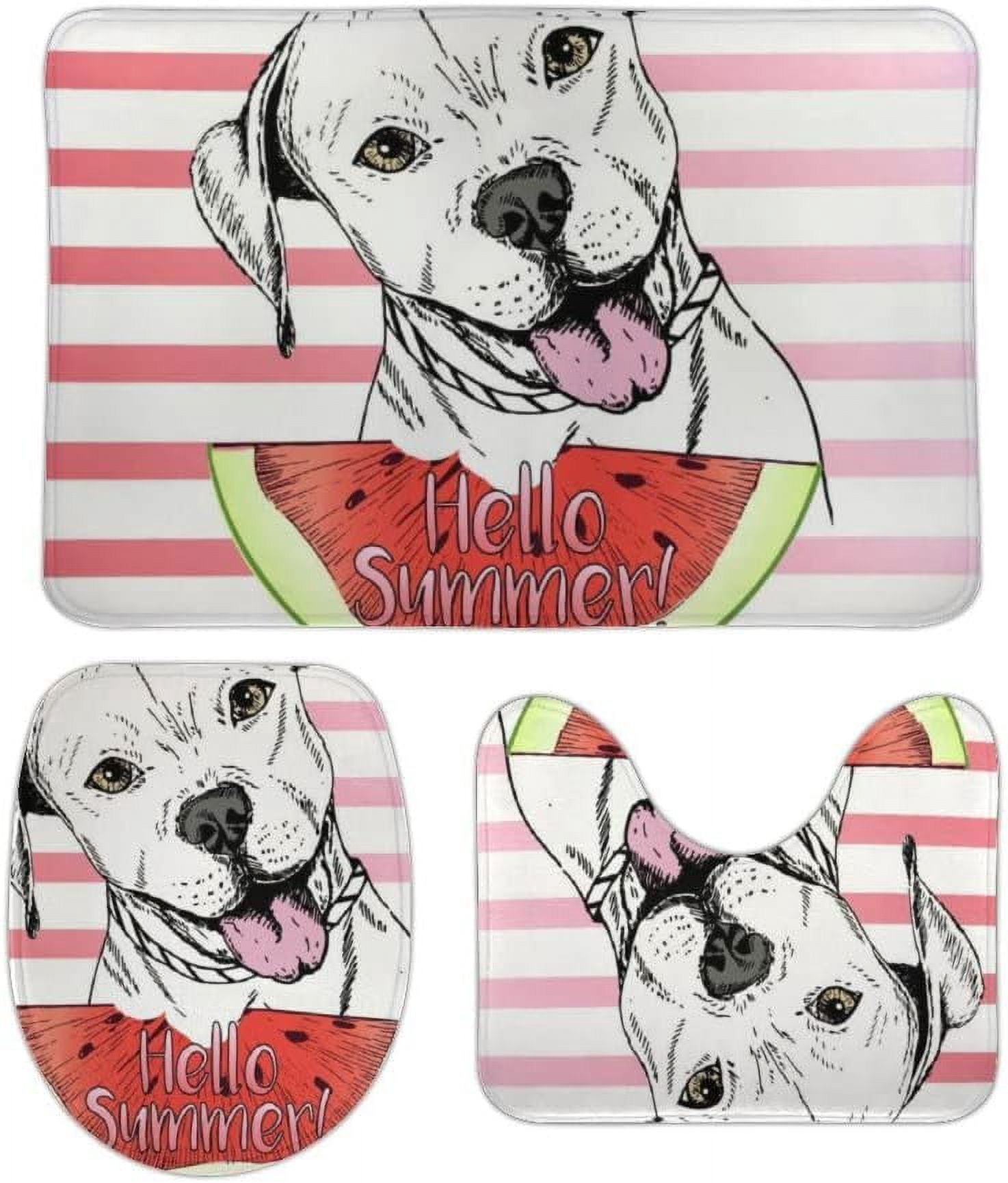 SKYSONIC Non-Slip 3 Piece Bathroom Rug Set English Pitbull Dog Eating ...